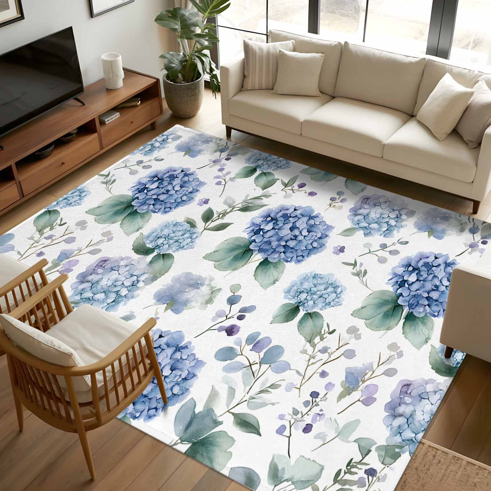 Area Rug 72×108in, Blue Flower Hydrangea Eucalyptus Leaf Floor Carpet ...