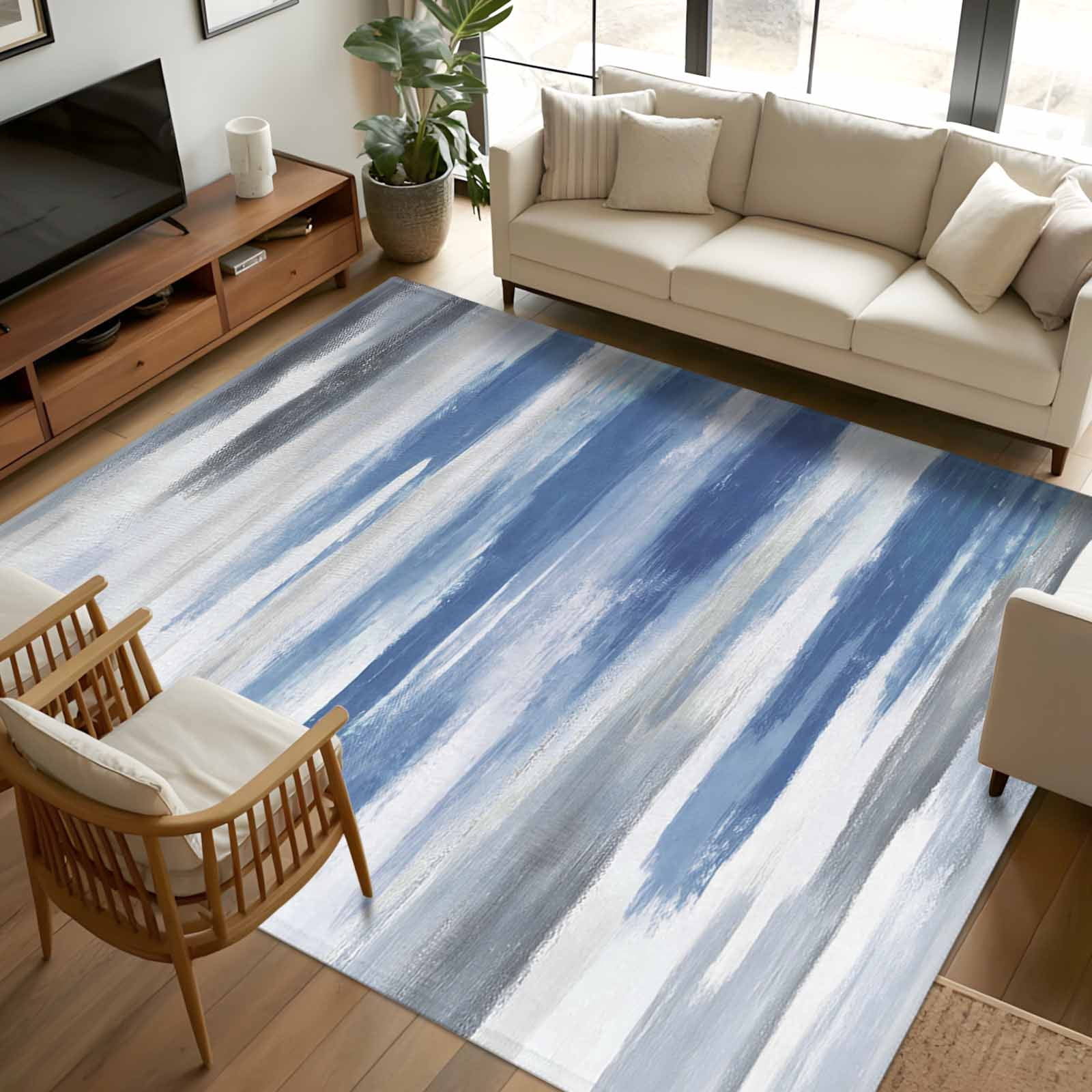 Area Rug 72×108in, Blue Gradient Gray Stripe Floor Carpet Living Room ...