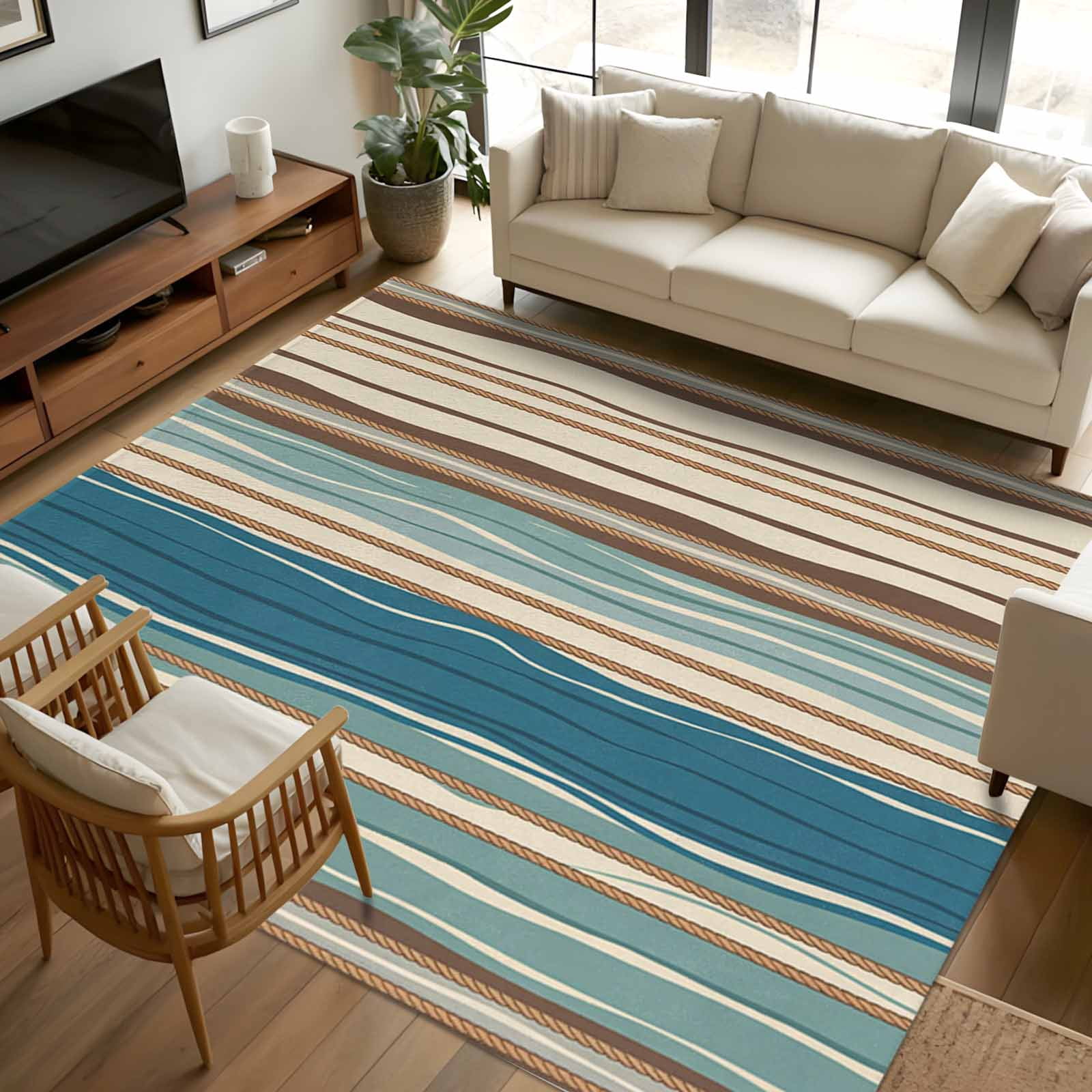 Area Rug 72×108in, Boho Teal Stripes Color Block Floor Carpet Living ...