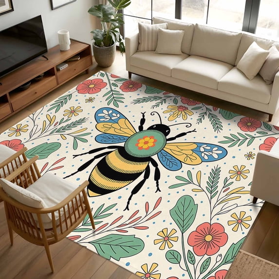 Area Rug 72×108in, Bumble Bee Flower Leaves Floor Carpet Living Room ...