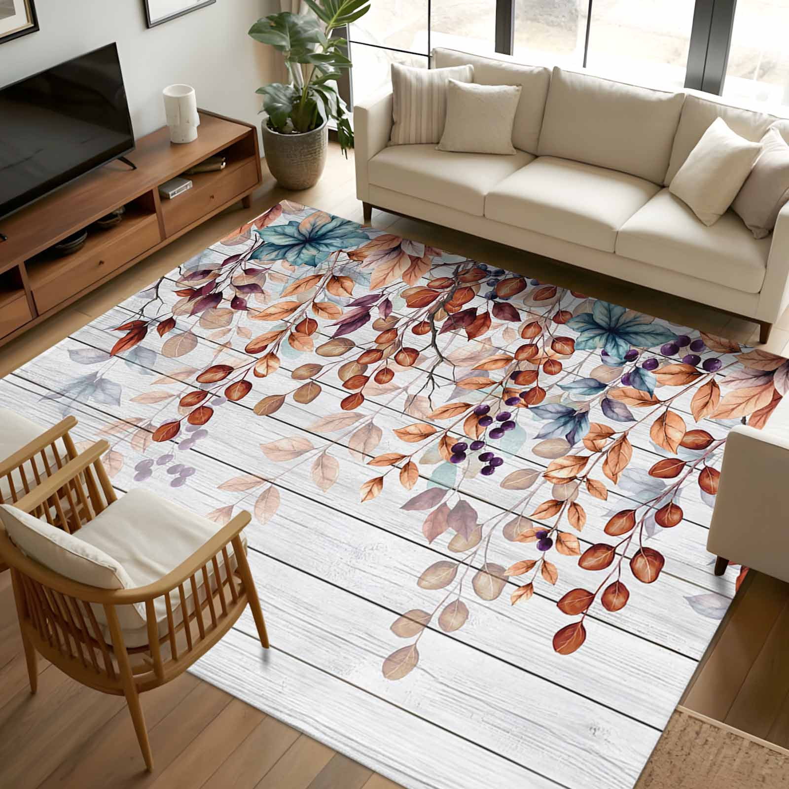 Area Rug 72×108in, Burnt Orange Eucalyptus Leaf Floor Carpet Living ...