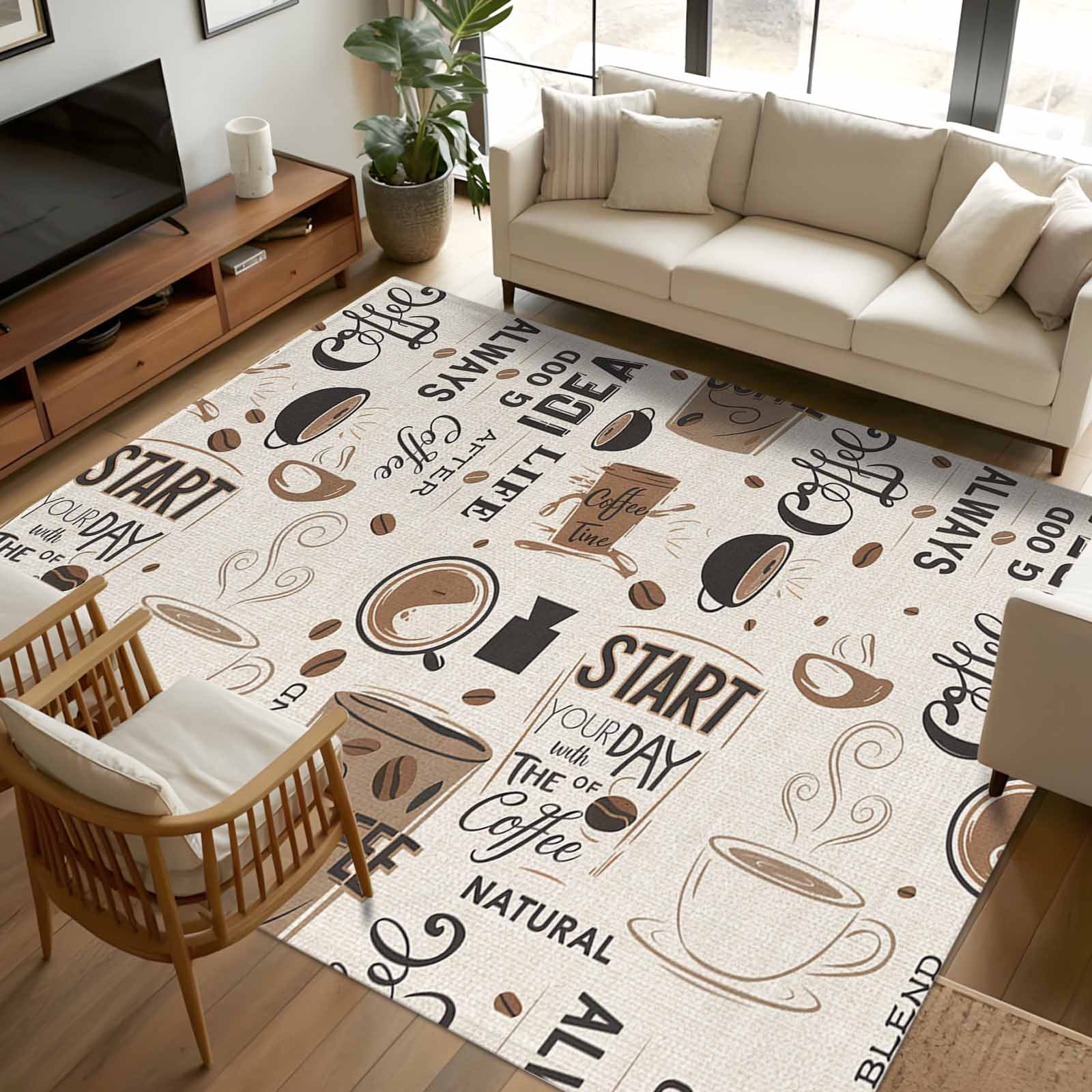 Area Rug 72×108in, Cafe Coffee Bean Letter Back Floor Carpet Living ...