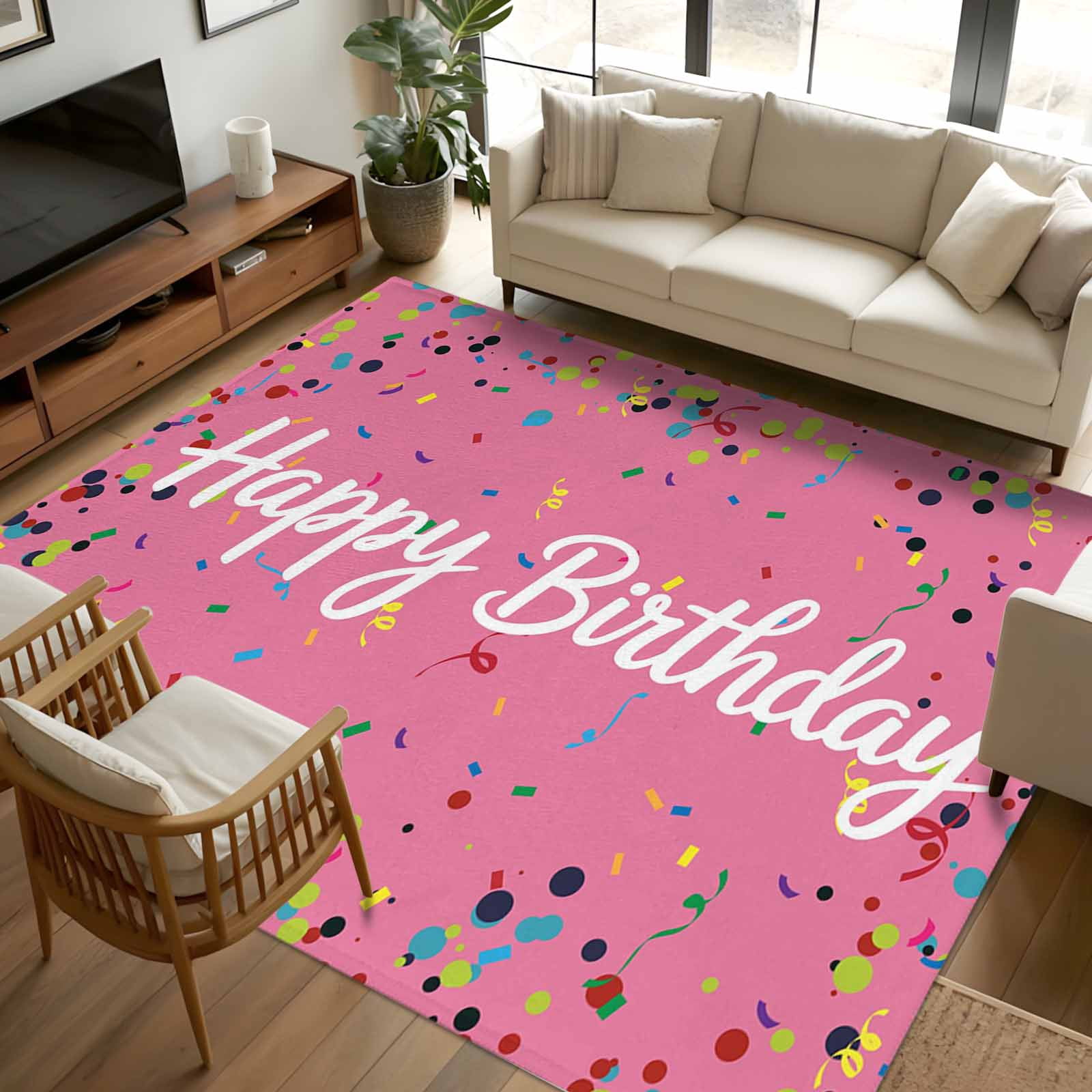 Area Rug 72×108in, Colorful Happy Birthday Floor Carpet Living Room Rug ...