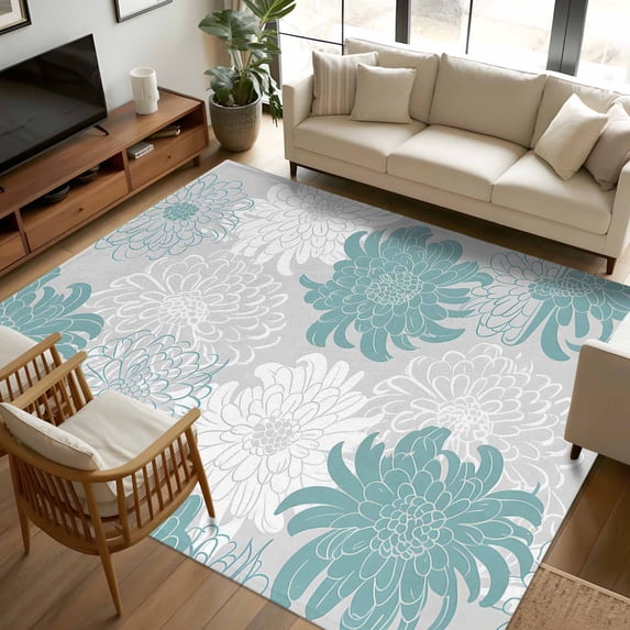 Area Rug 72×108in, Country Dahlia Teal Flower Floor Carpet Living Room ...