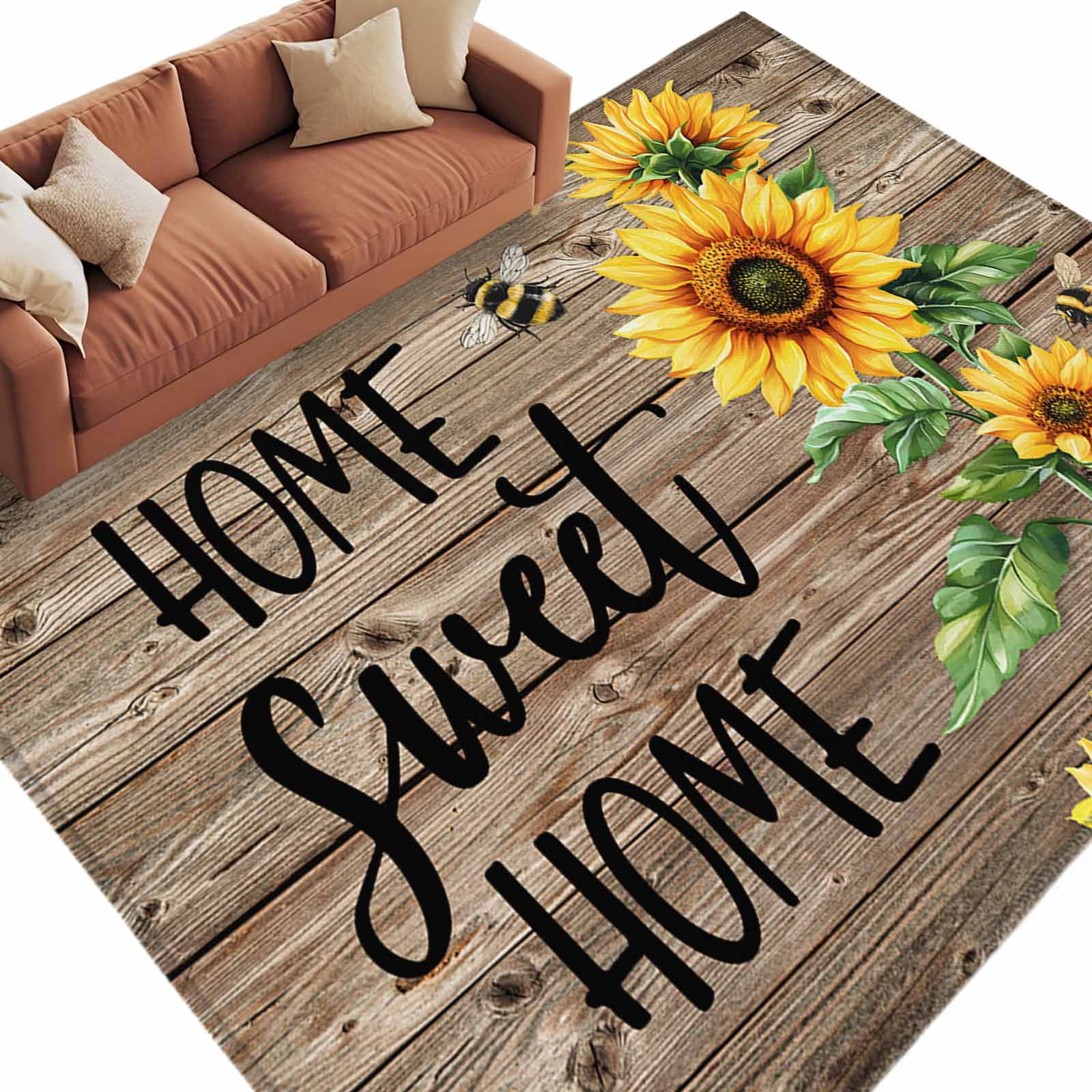 Area Rug 72×108in, Country Sunflower Bee Green Leaves Floor Carpet ...