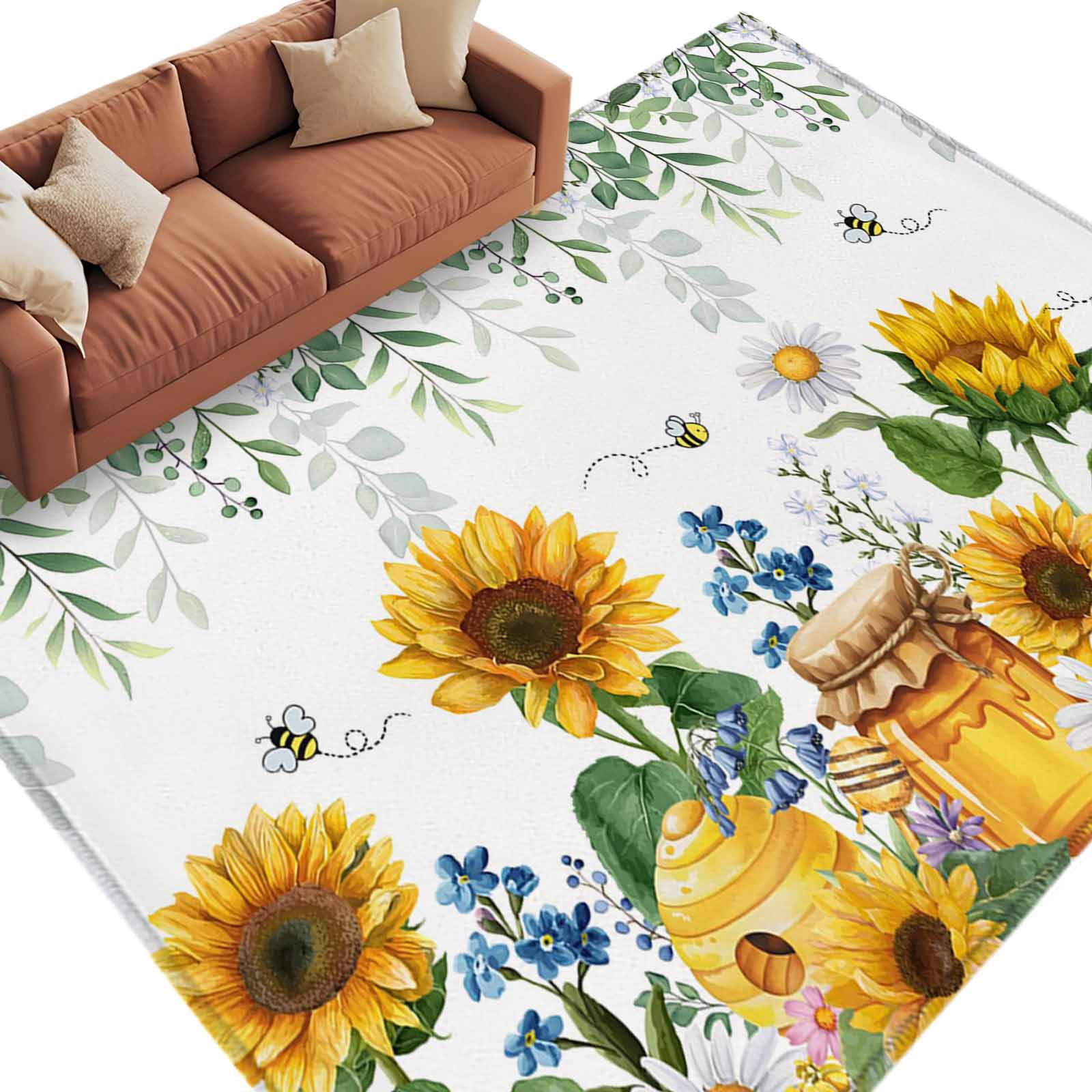 Area Rug 72×108in, Country Sunflower Foliage Floor Carpet Living Room ...