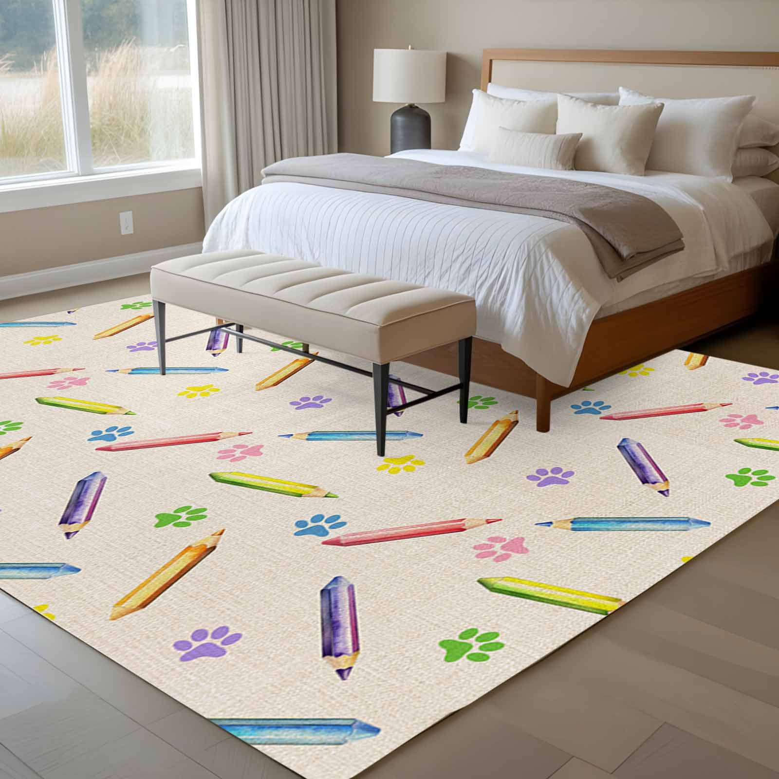 Area Rug 72×108in, Cute Paw Print Pencil on Linen Floor Carpet Living ...