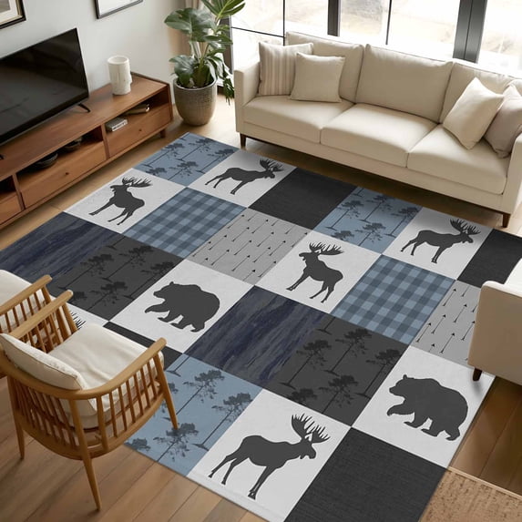 Area Rug 72×108in, Deer Bear Retro Grey Plaid Floor Carpet Living Room ...