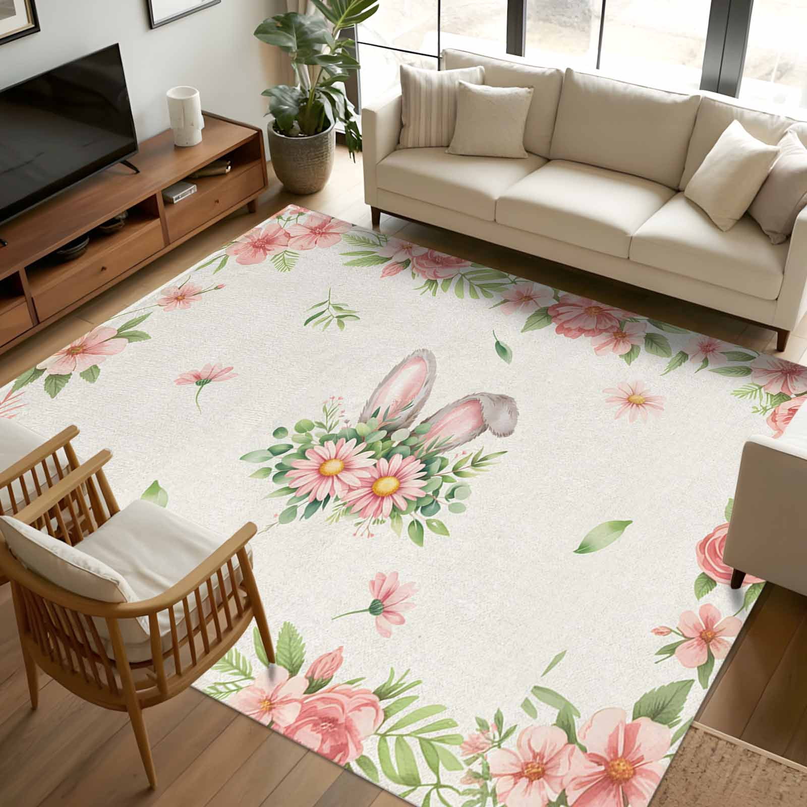 Area Rug 72×108in, Easter Cute Rabbit Ears Garland Flowers Floor Carpet ...