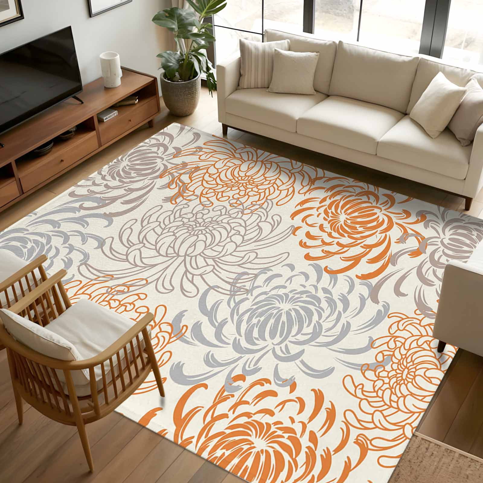 Area Rug 72×108in, Fall Orange Chrysanthemums Flower Floor Carpet ...