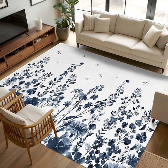 Area Rug 72×108in, Farm Blue Ink Style Flowers Floor Carpet Living Room ...