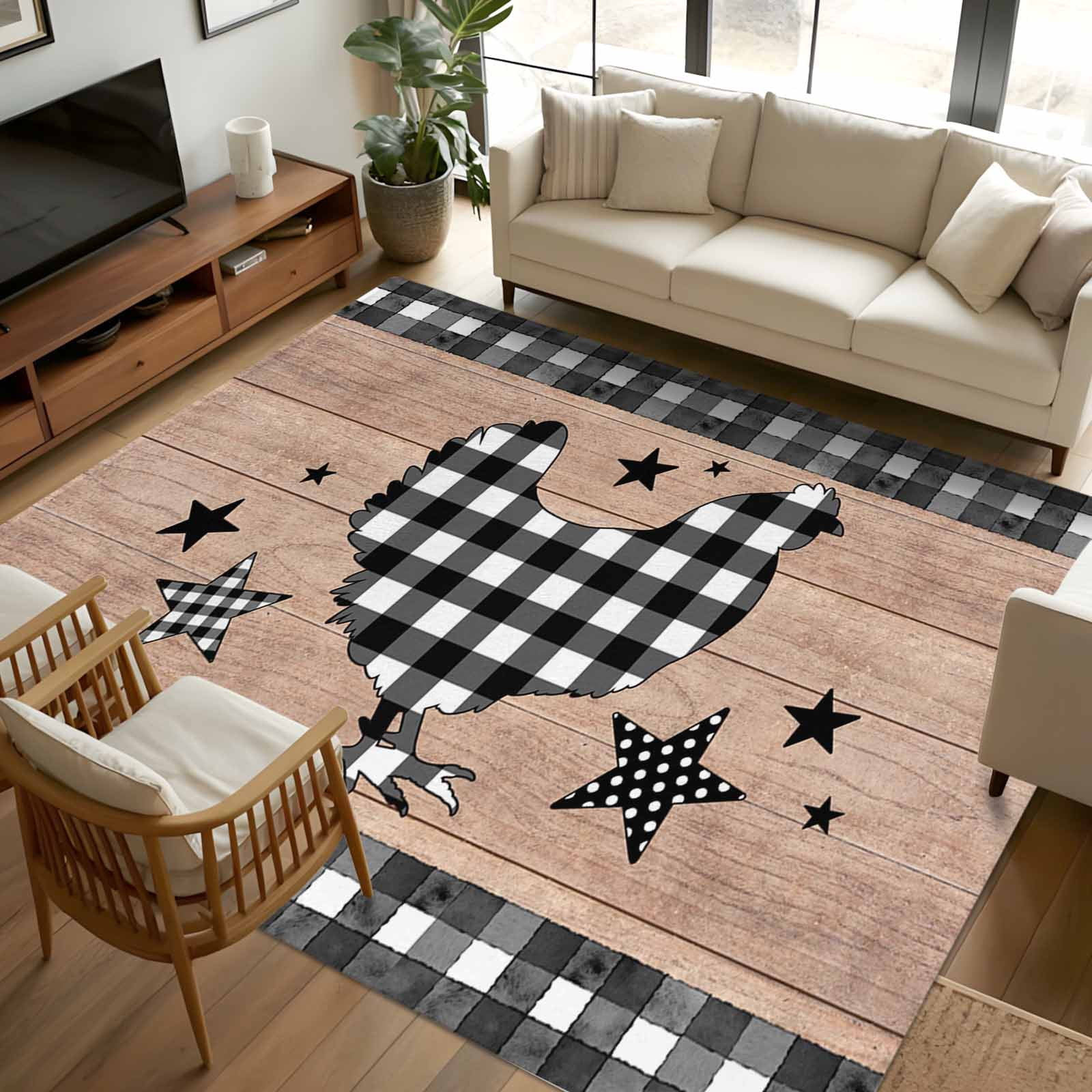 Area Rug 72×108in, Farm Chicken Star Black White Plaid Floor Carpet ...