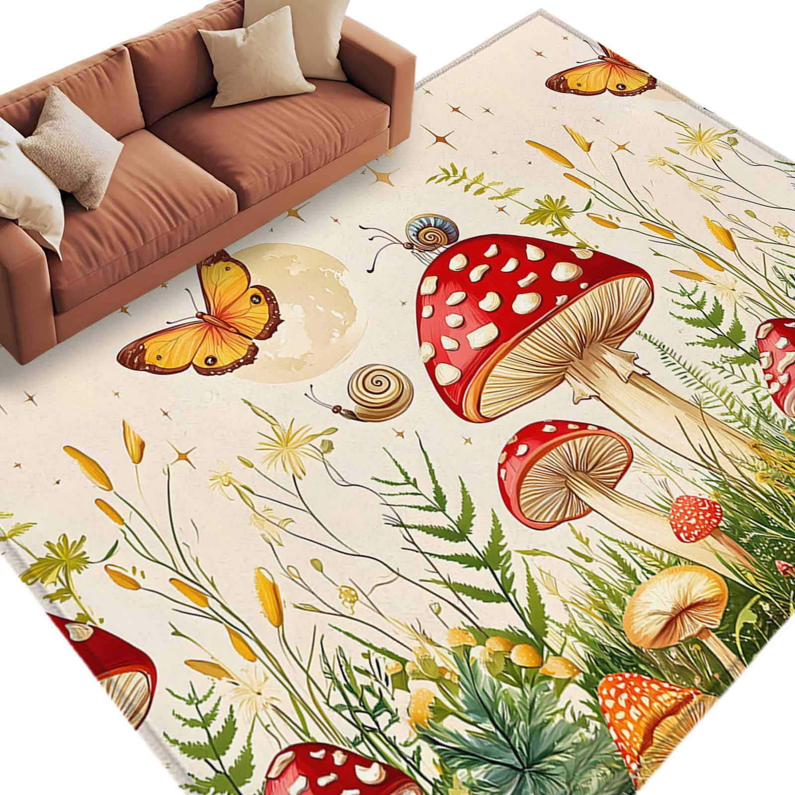 Area Rug 72×108in, Farm Mushroom Butterfly Snails Floor Carpet Living ...