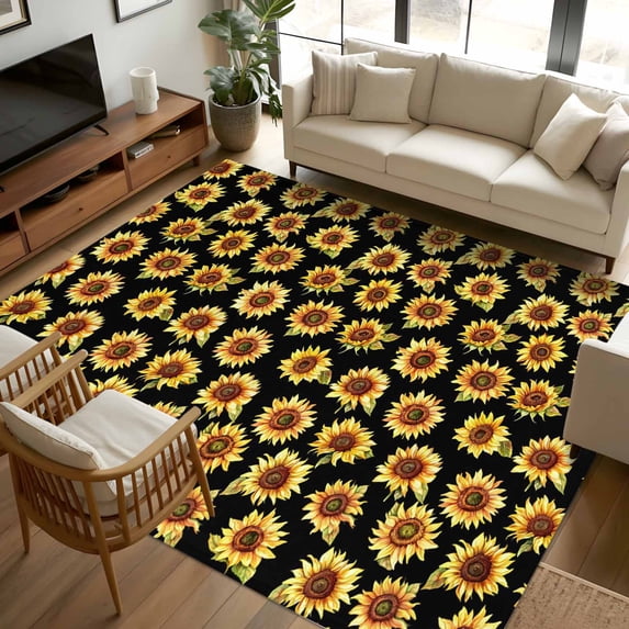 Area Rug 72×108in, Farm Sunflowers on Black Background Floor Carpet ...