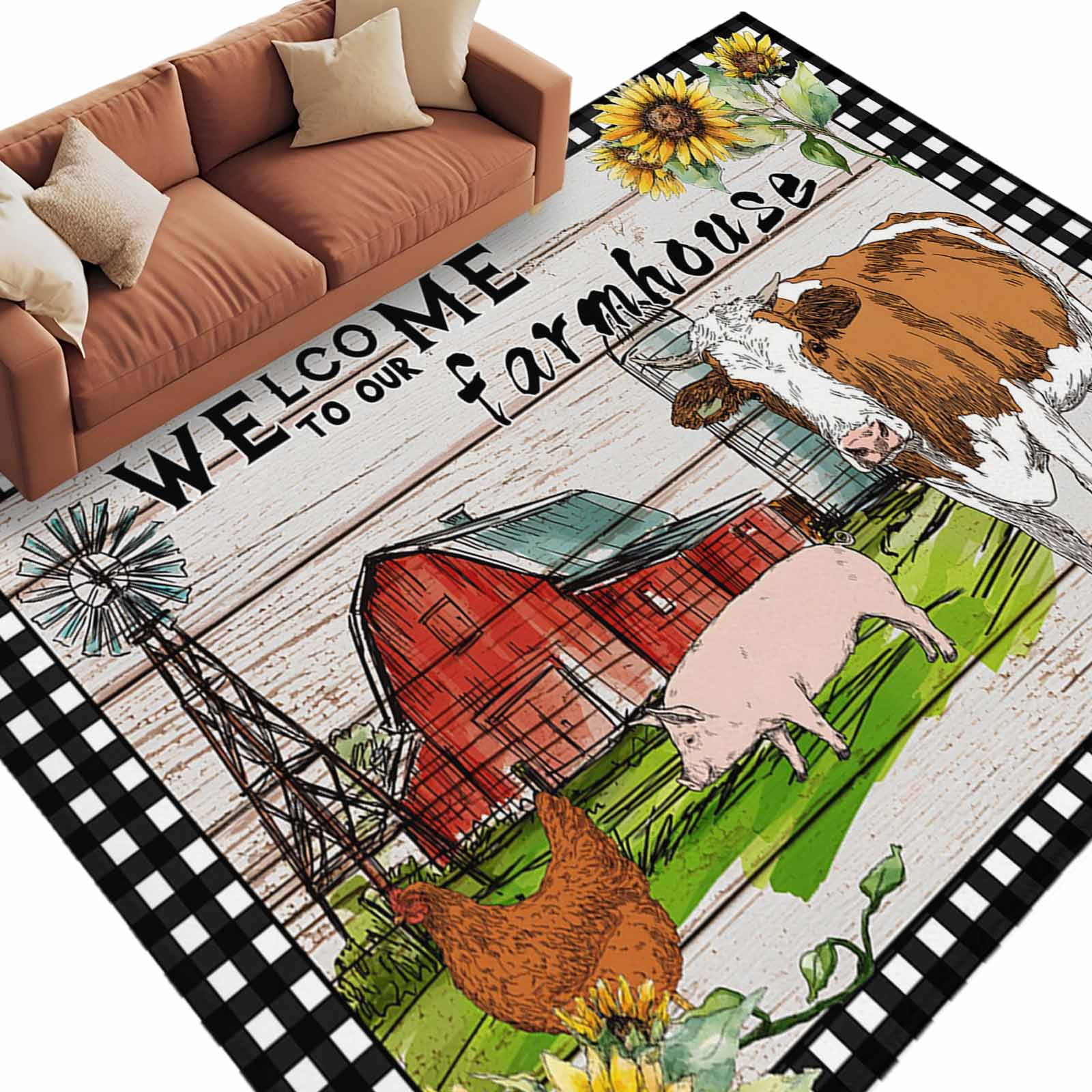 Area Rug 72×108in, Farmhouse Animal Barn Chicken Pig Cow Floor Carpet ...