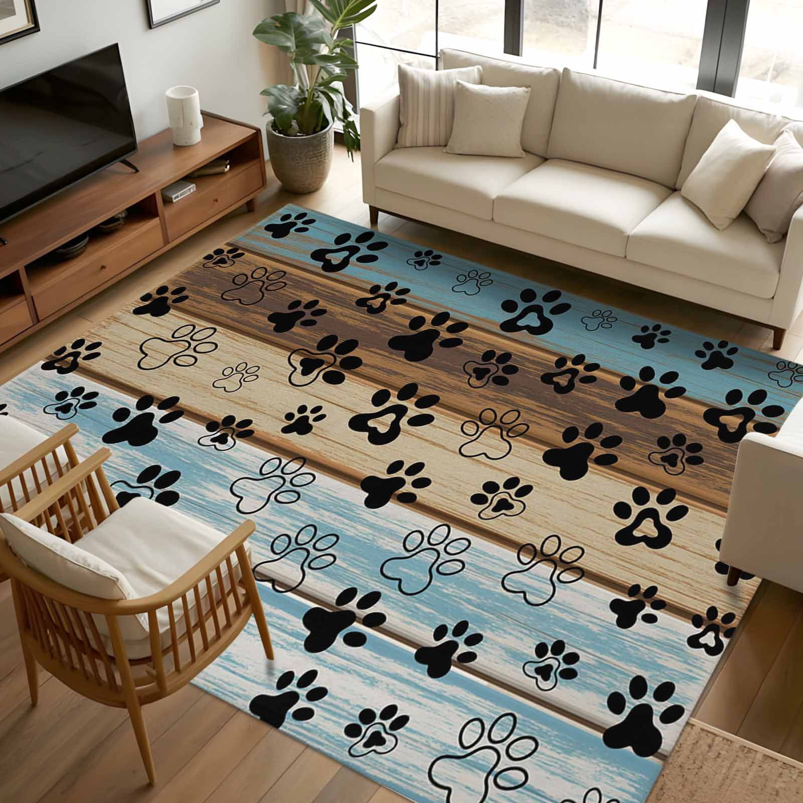 Area Rug 72×108in, Farmhouse Dog Paw Print Floor Carpet Living Room Rug ...