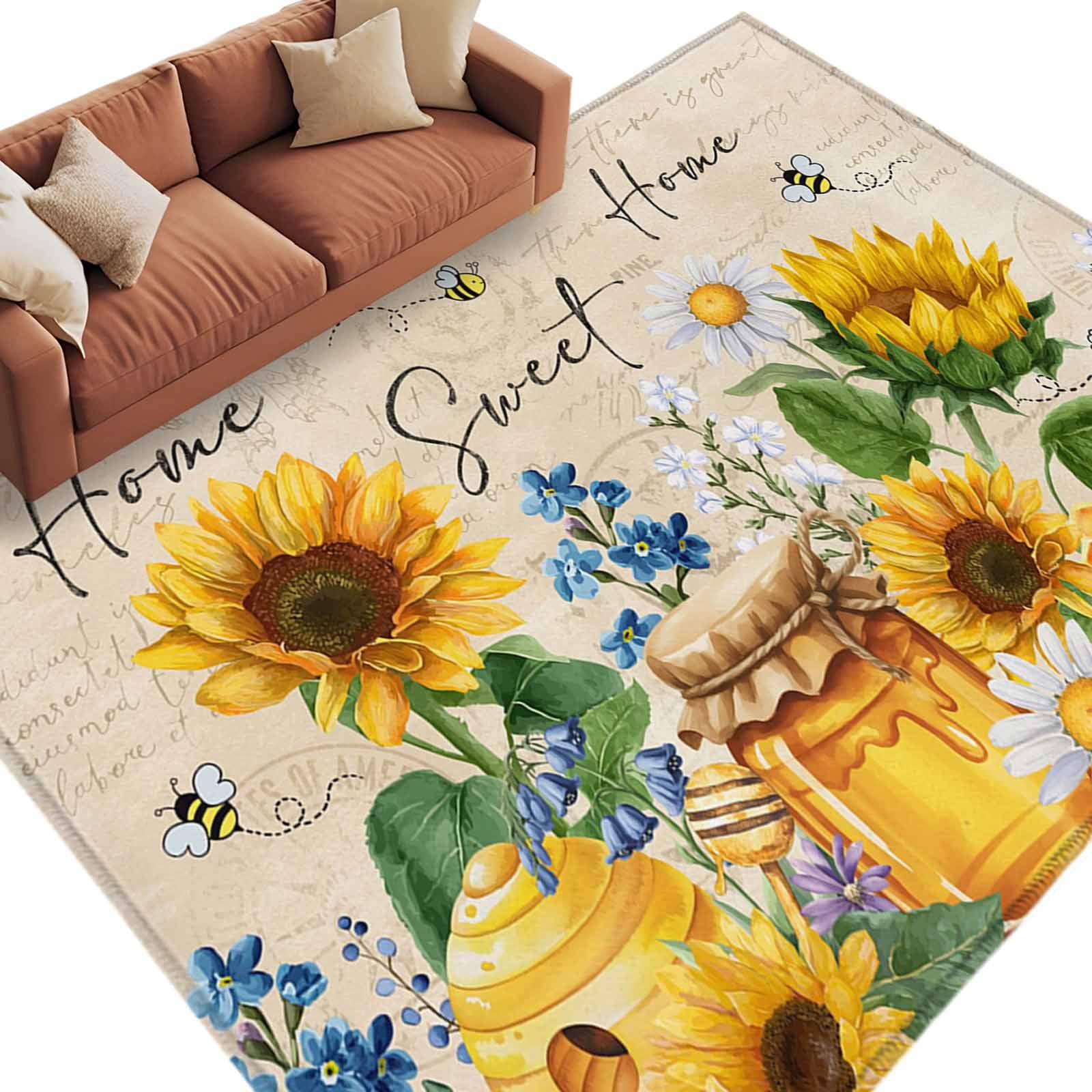 Area Rug 72×108in, Farmhouse Sunflower Bee Daisy Flower Floor Carpet ...
