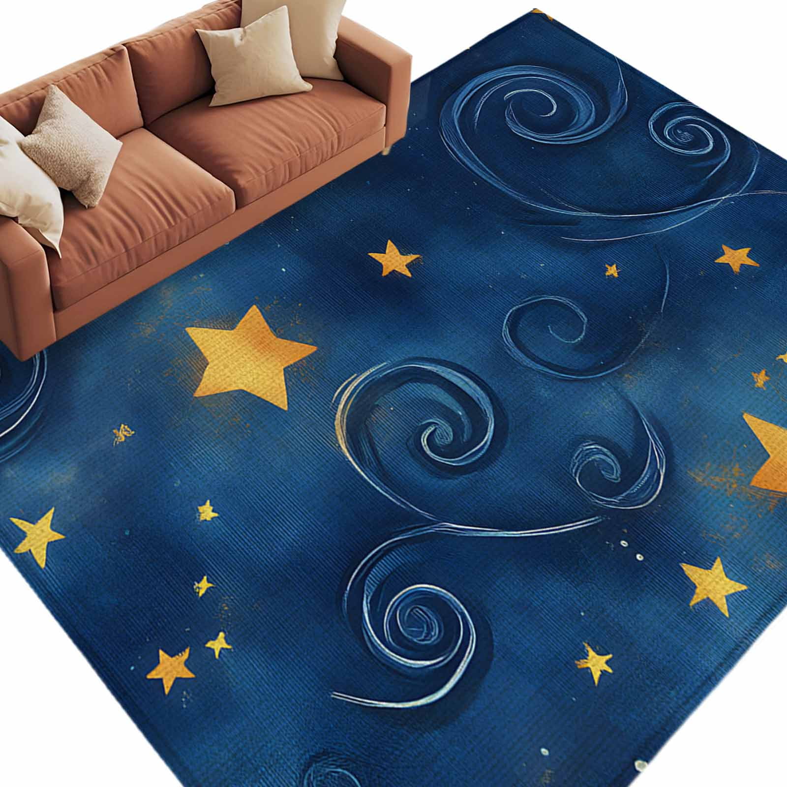 Area Rug 72×108in, Gold Star Swirling on Dark Blue Floor Carpet Living ...