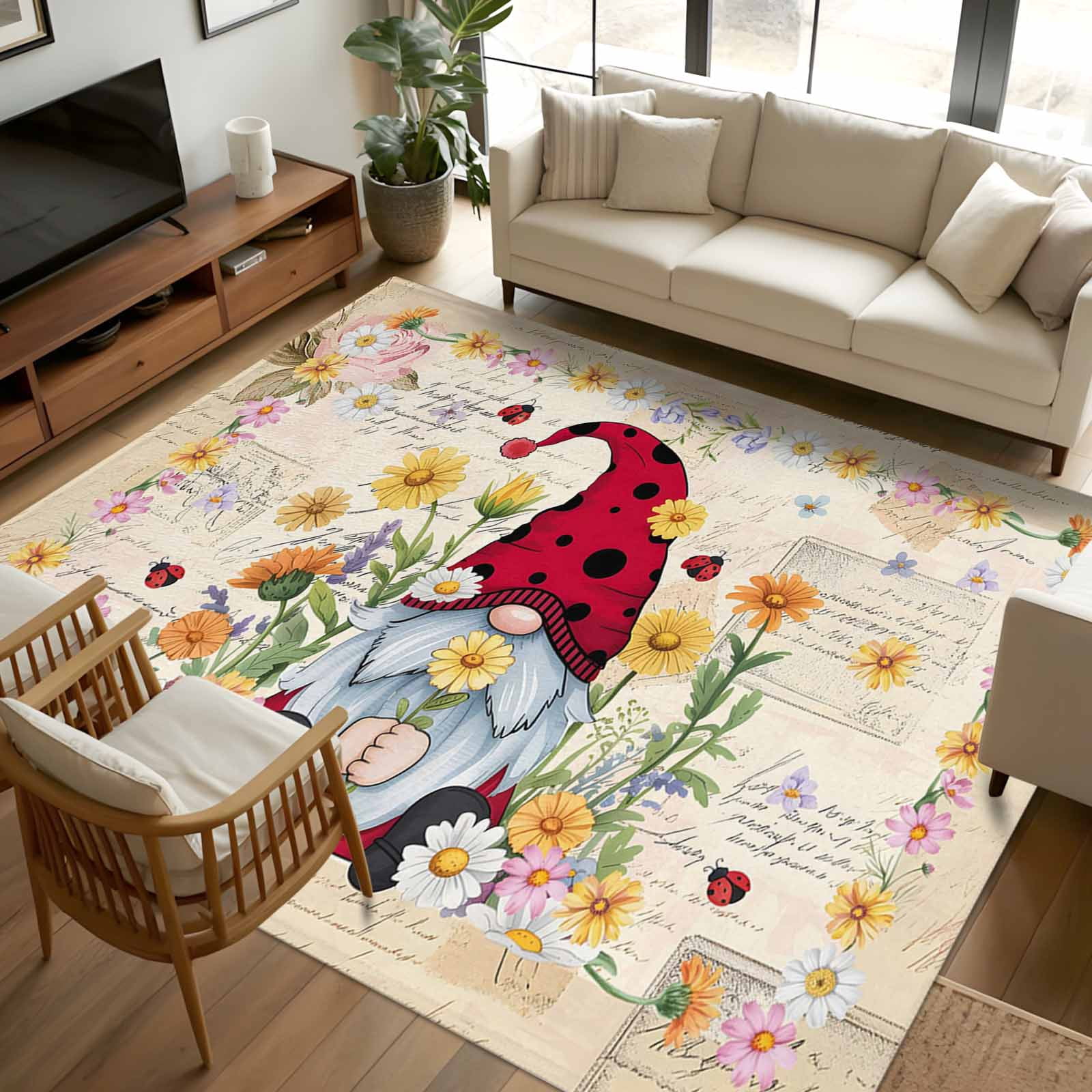 Area Rug 72×108in, Ladybug Dwarf Daisy Flower Watercolor Floor Carpet ...