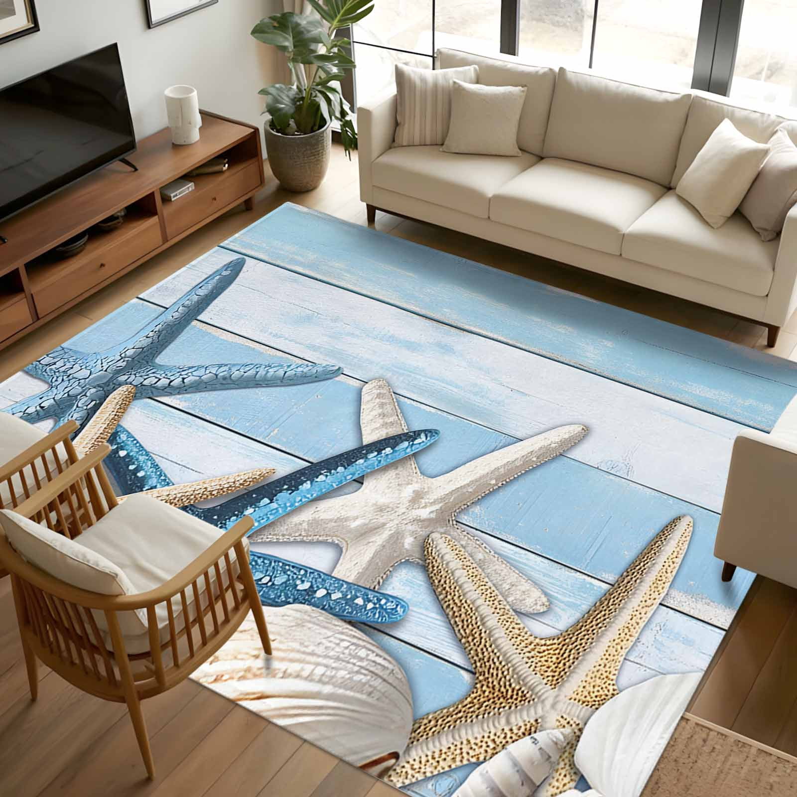 Area Rug 72×108in, Marine Starfish Shell on Wood Grain Floor Carpet ...