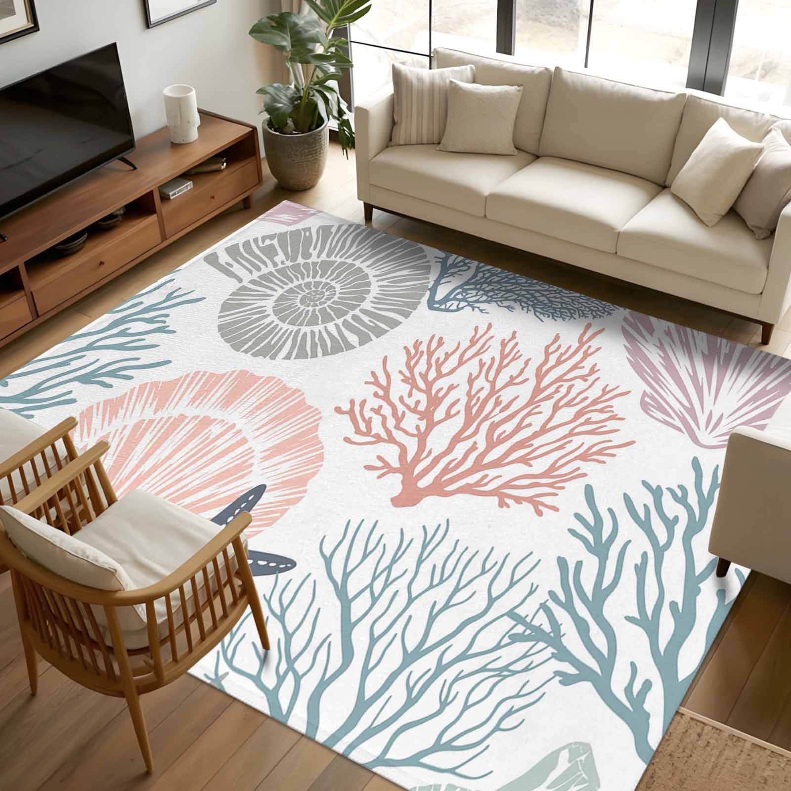 Area Rug 72×108in, Ocean Coral Starfish Shell on White Floor Carpet ...