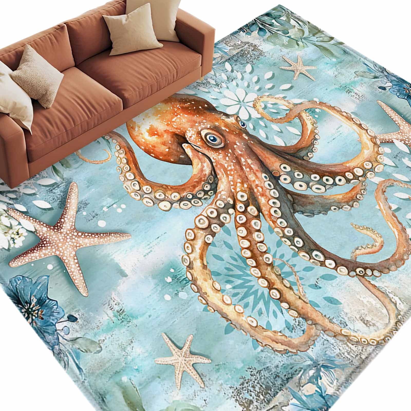 Area Rug 72×108in, Ocean Octopus Monster Starfish Floor Carpet Living ...