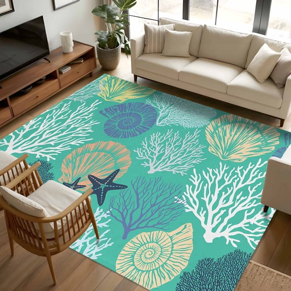 Area Rug 72×108in, Ocean Shell Starfish Coral on Aqua Green Floor ...
