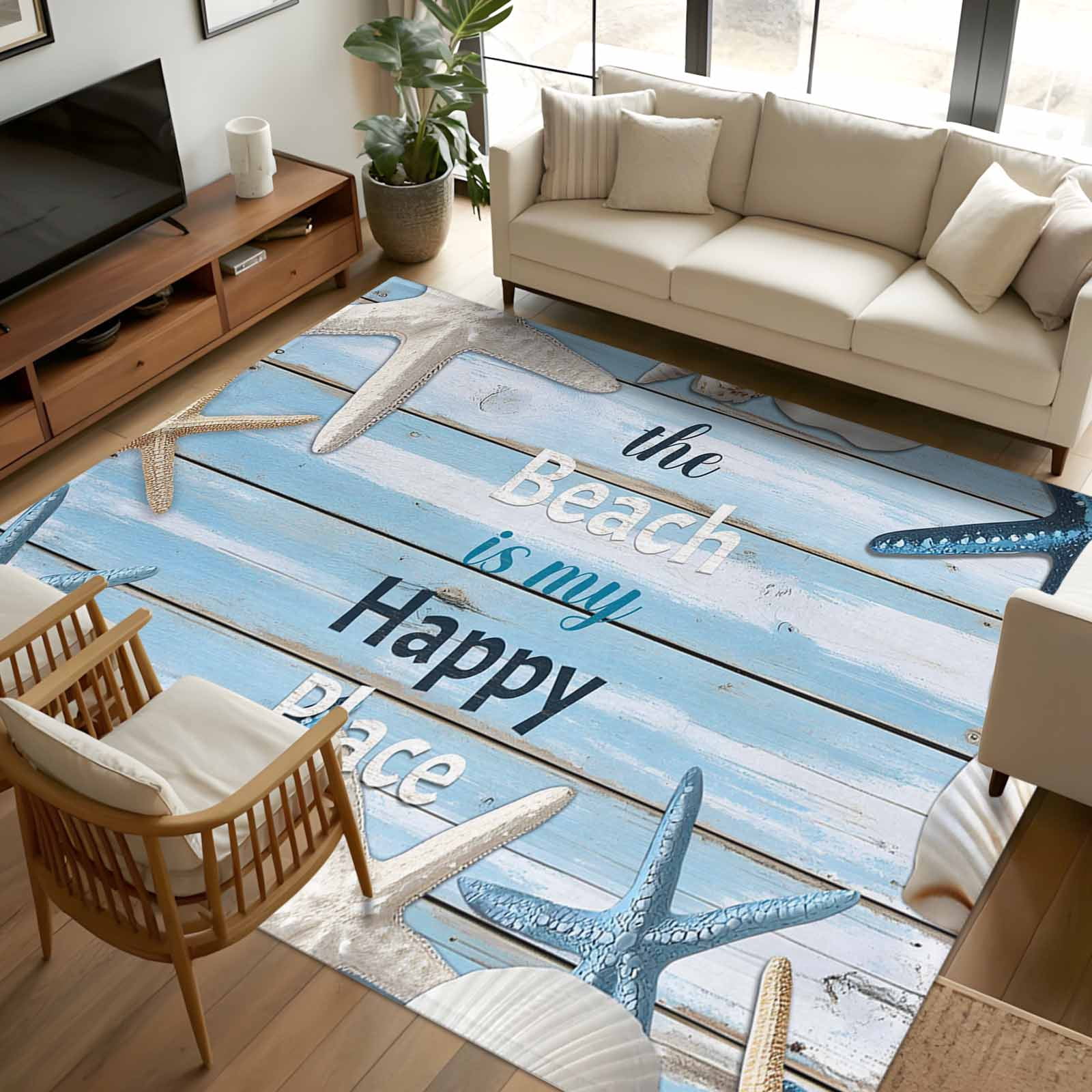 Area Rug 72×108in, Ocean Starfish Ombre Wood Board Floor Carpet Living ...