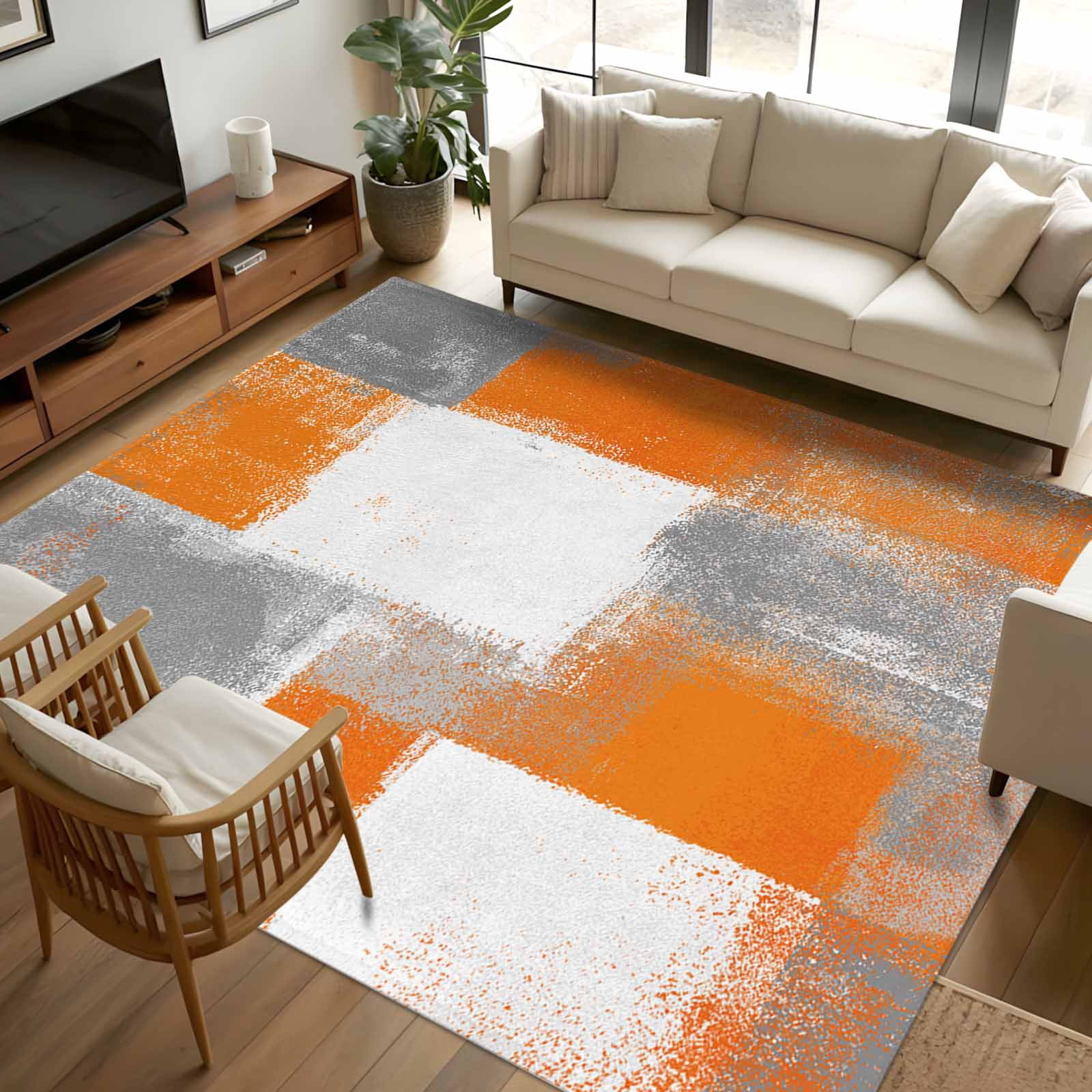Area Rug 72×108in, Orange Color Block Oil Painting Art Floor Carpet ...