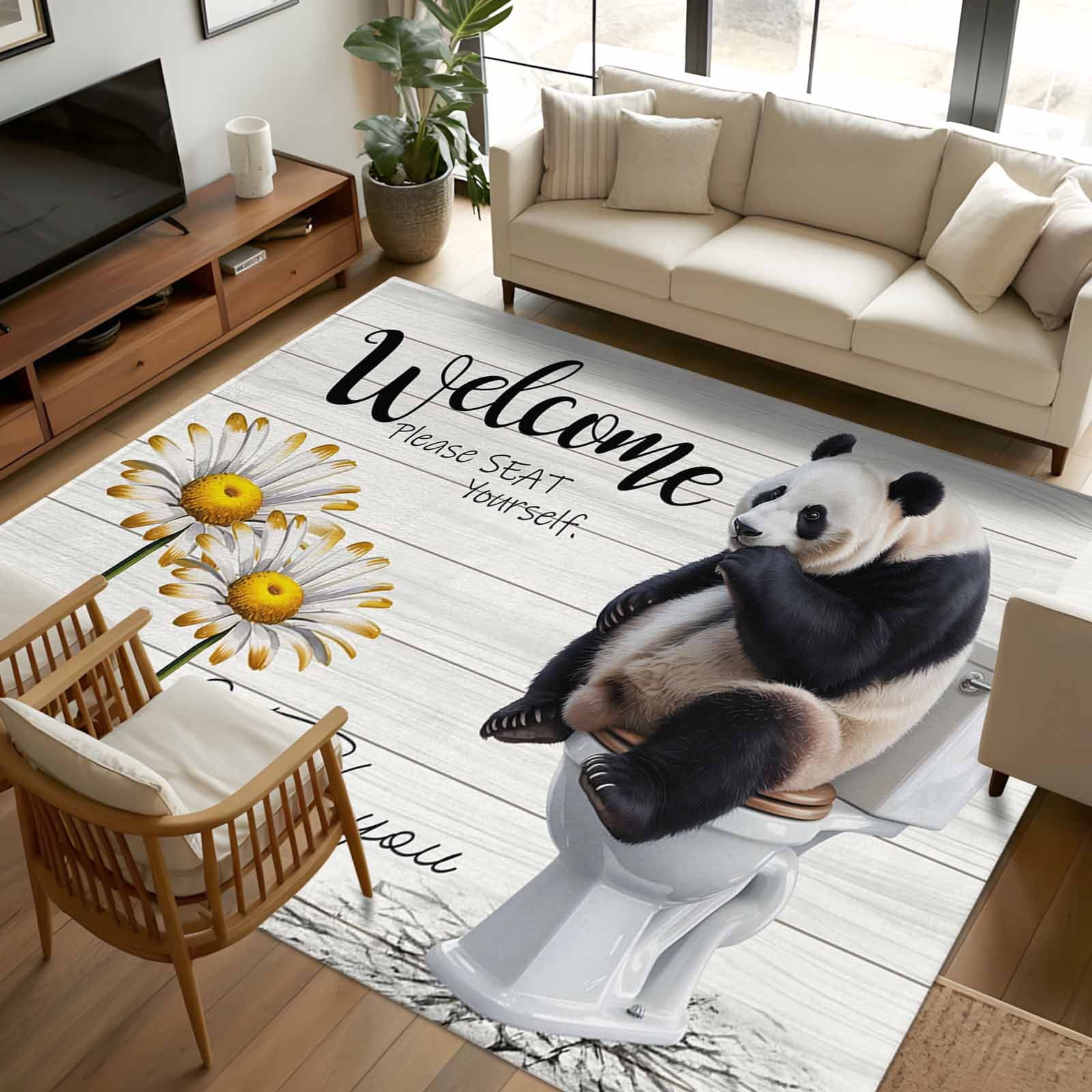Area Rug 72×108in, Panda Sitting on The Toilet Floor Carpet Living Room ...