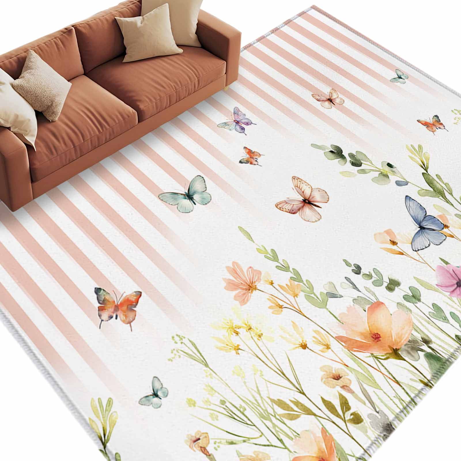 Area Rug 72×108in, Pastoral Floral Leaf Flying Butterfly Floor Carpet ...