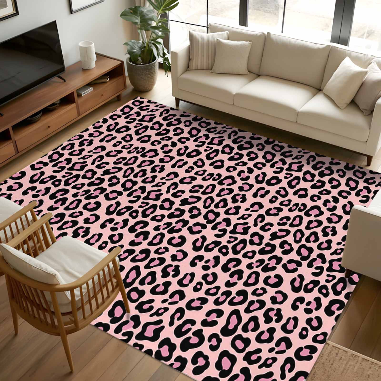 Area Rug 72×108in, Pink Leopard Pattern Floor Carpet Living Room Rug ...