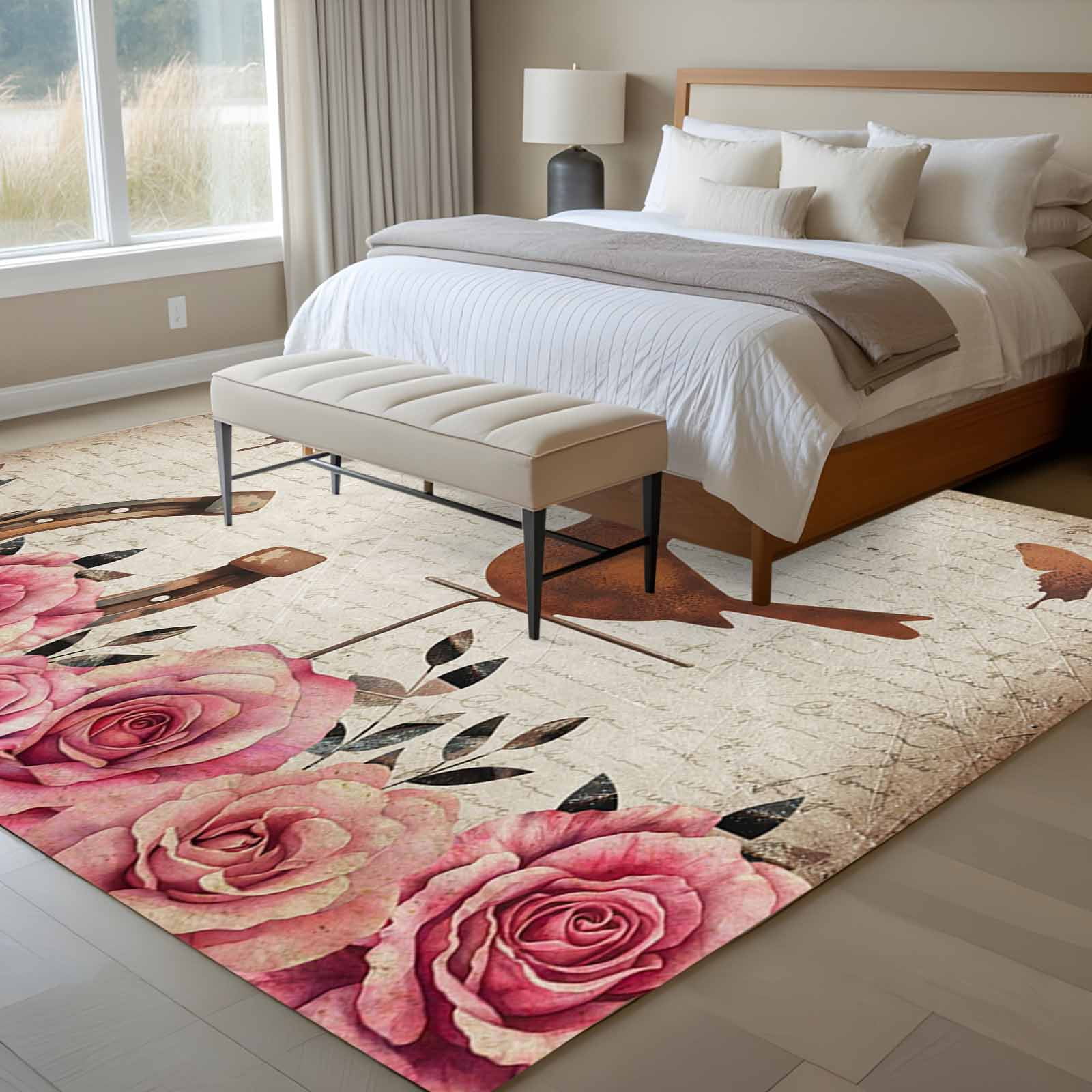 Area Rug 72×108in, Pink Rose Flower Birds on Vintage Letter Floor ...