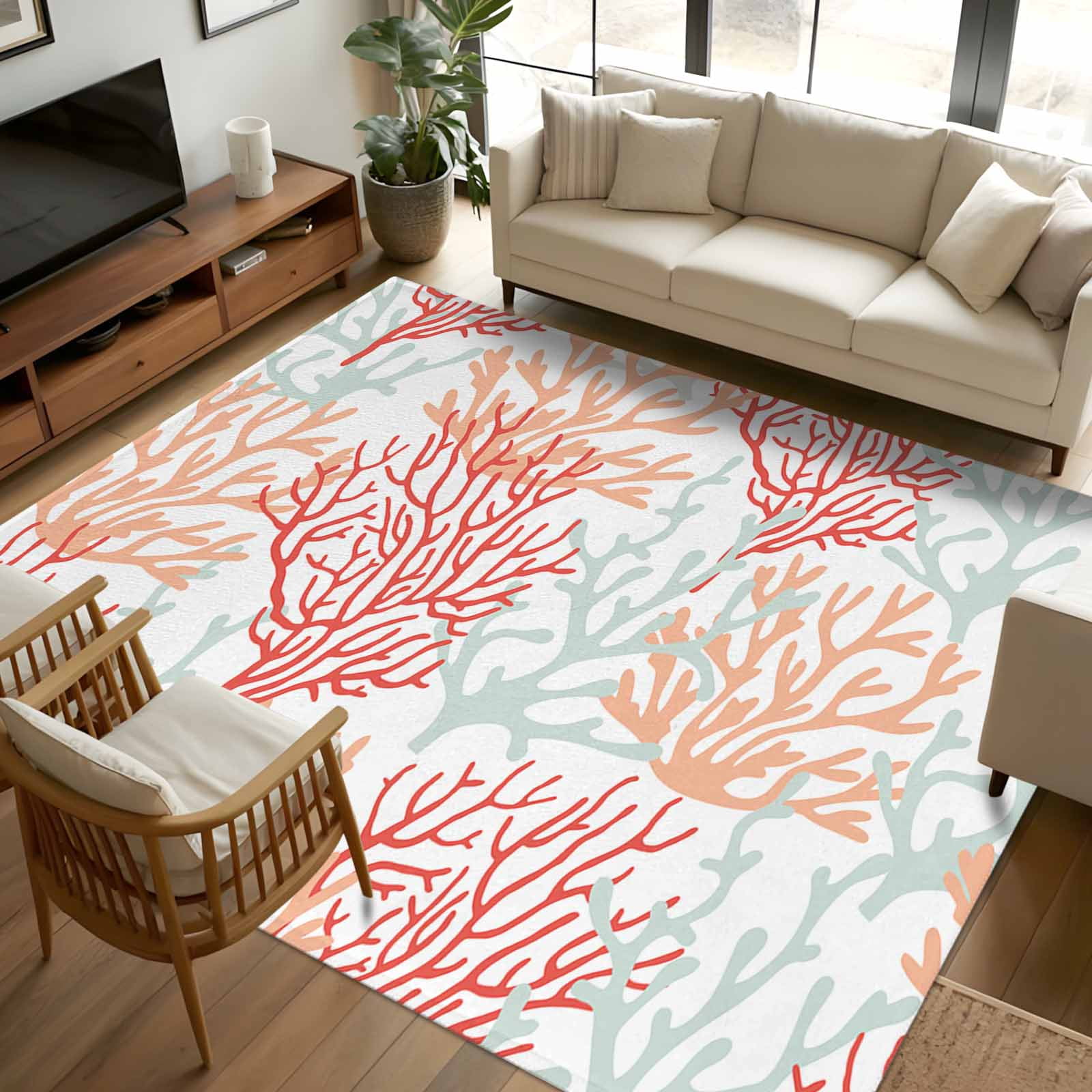 Area Rug 72×108in, Red Coral Seamless Summer Ocean Floor Carpet Living ...