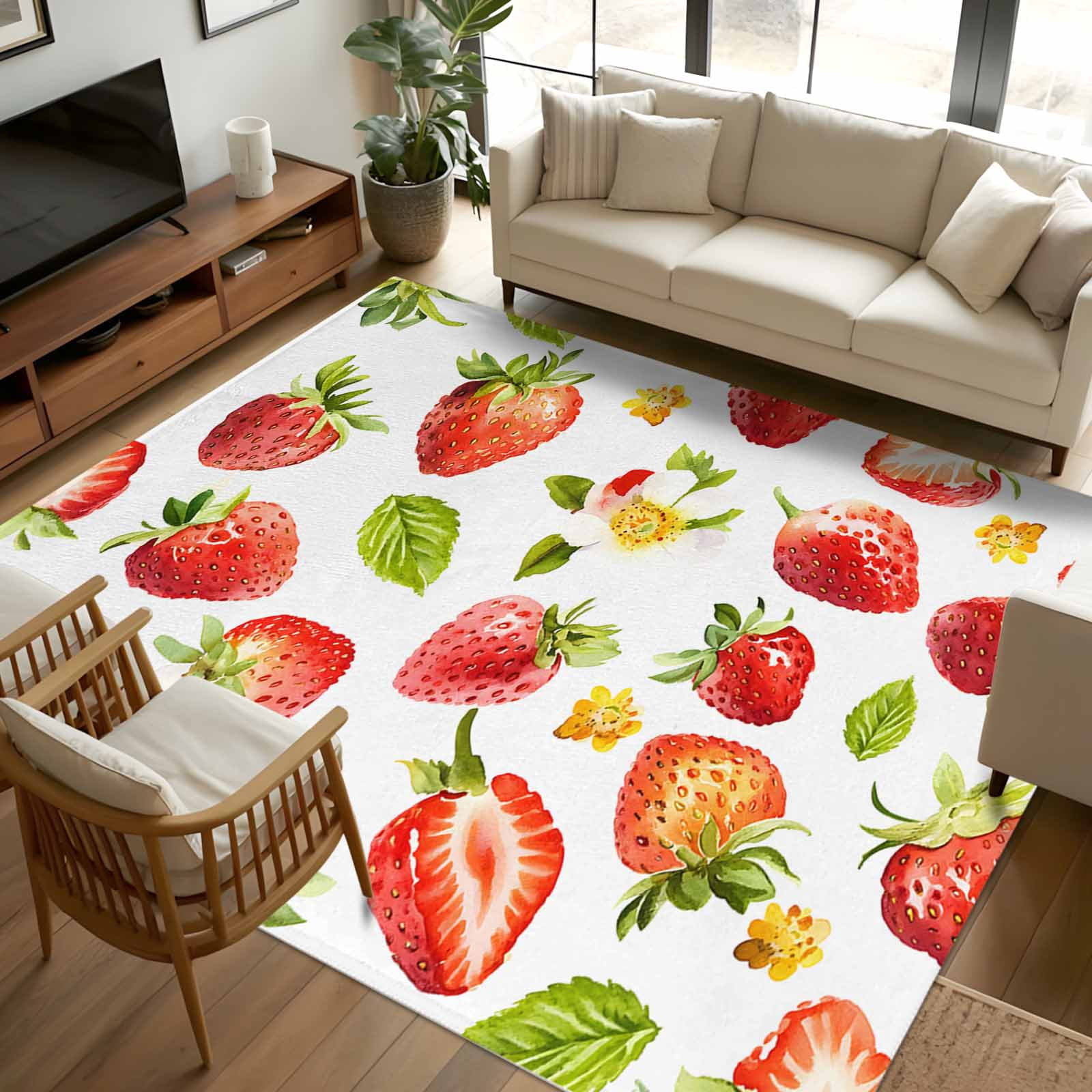 Area Rug 72×108in, Red Strawberry Green Leaves Seamless Floor Carpet ...
