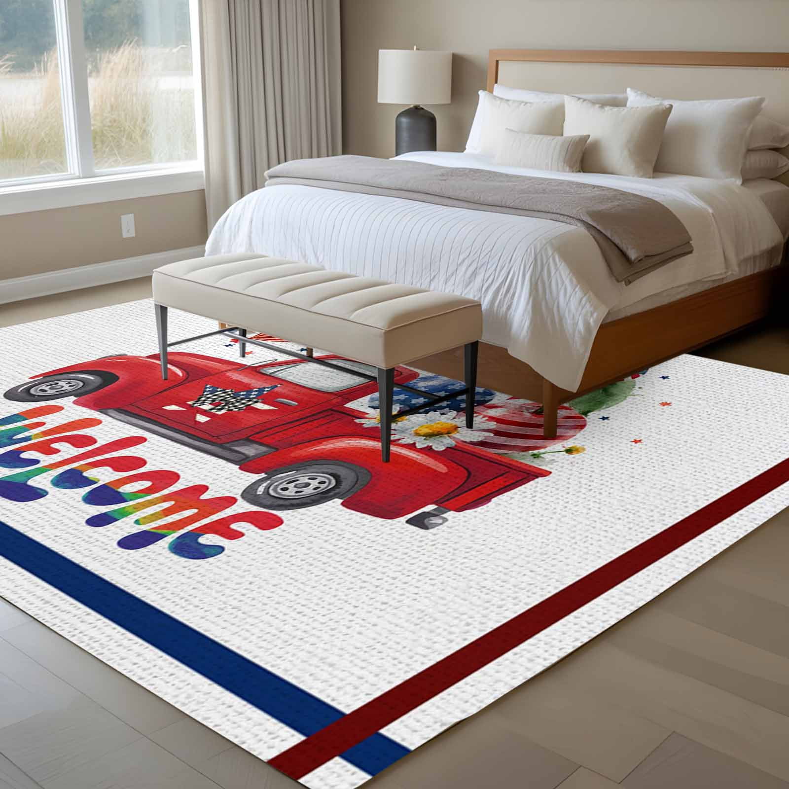 Area Rug 72×108in, Red Truck USA Flag Cherries Balloons Floor Carpet ...