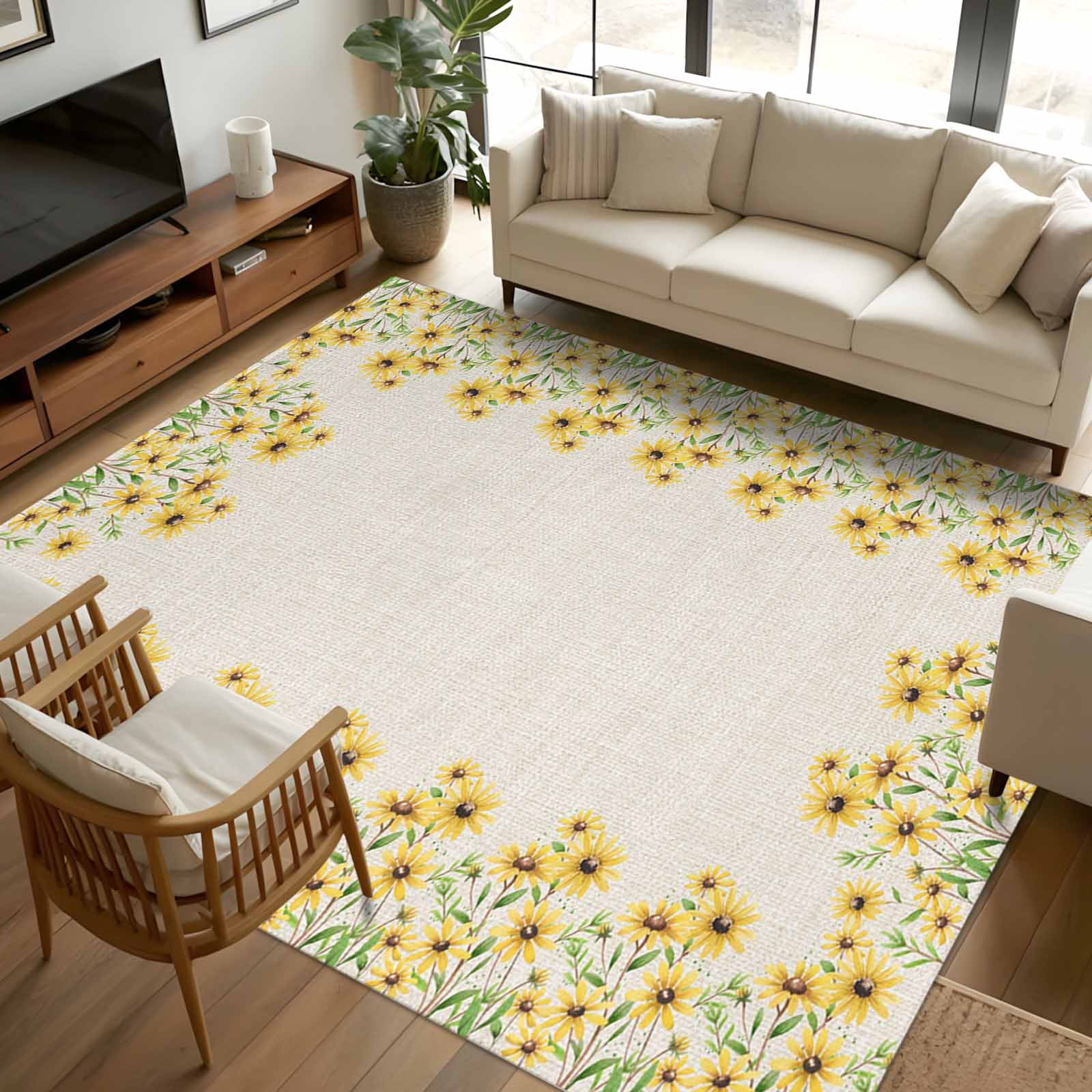 Area Rug 72×108in, Retro Country Yellow Daisy Floor Carpet Living Room ...