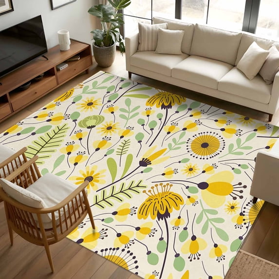 Area Rug 72×108in, Retro Country Yellow Flowers Floor Carpet Living ...