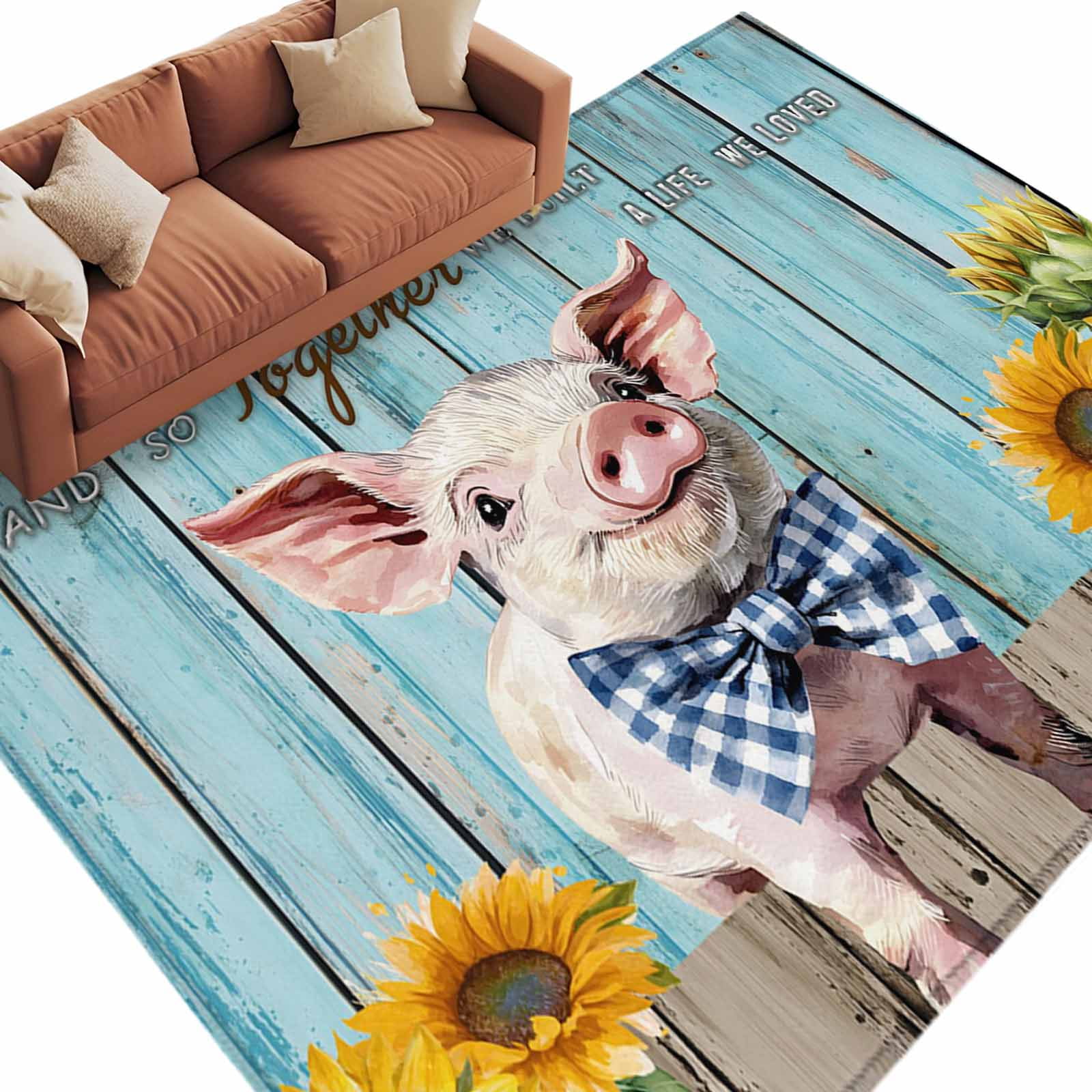 Area Rug 72×108in, Retro Farm Cute Pig Sunflower Floor Carpet Living ...