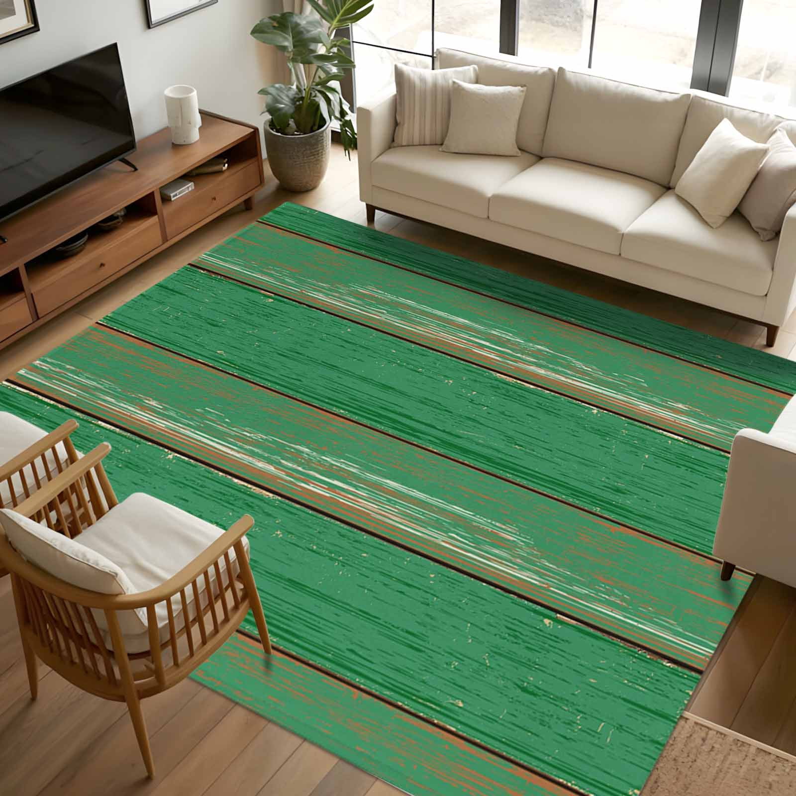 Area Rug 72×108in, Retro Farm Green Wood Grain Floor Carpet Living Room ...