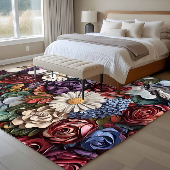 Area Rug 72×108in, Retro Medieval Roses Flowers Floor Carpet Living ...