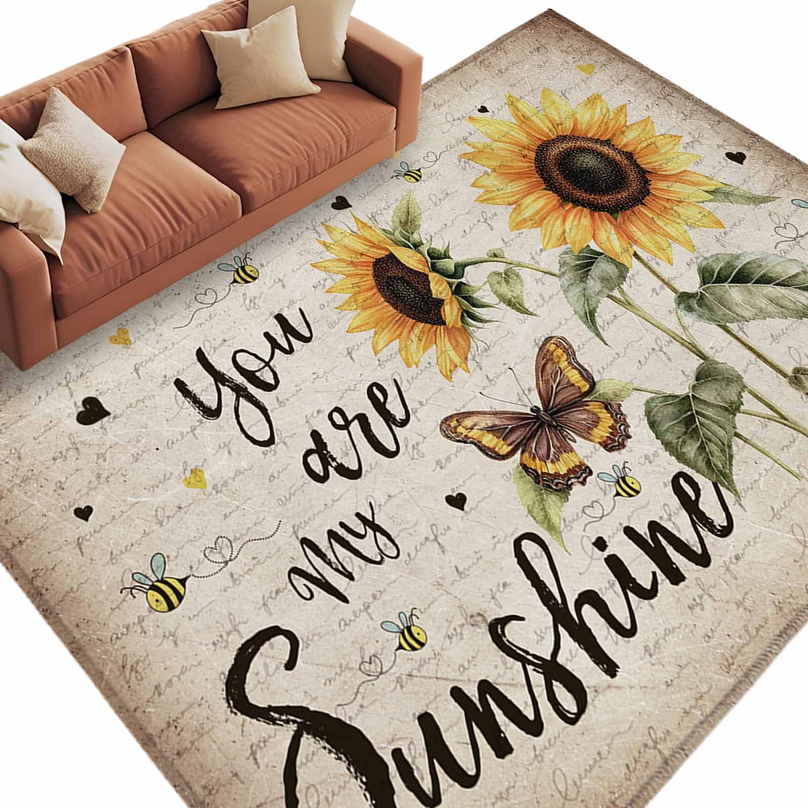 Area Rug 72×108in, Retro Sunflower Sunshine Quote Floor Carpet Living ...