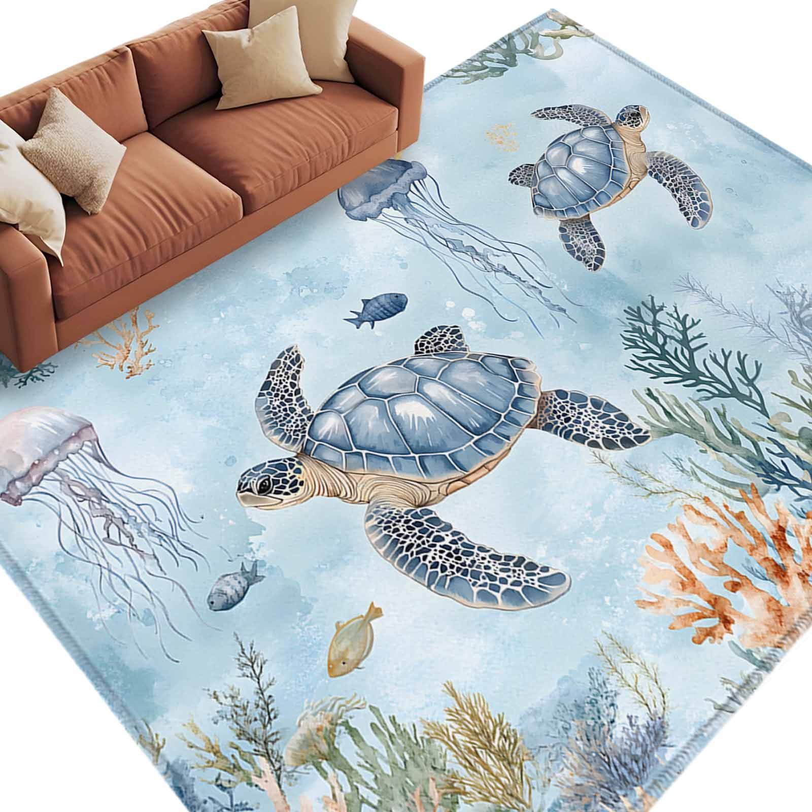 Area Rug 72×108in, Sea Turtle Blue Ocean Coral Seaweed Floor Carpet ...