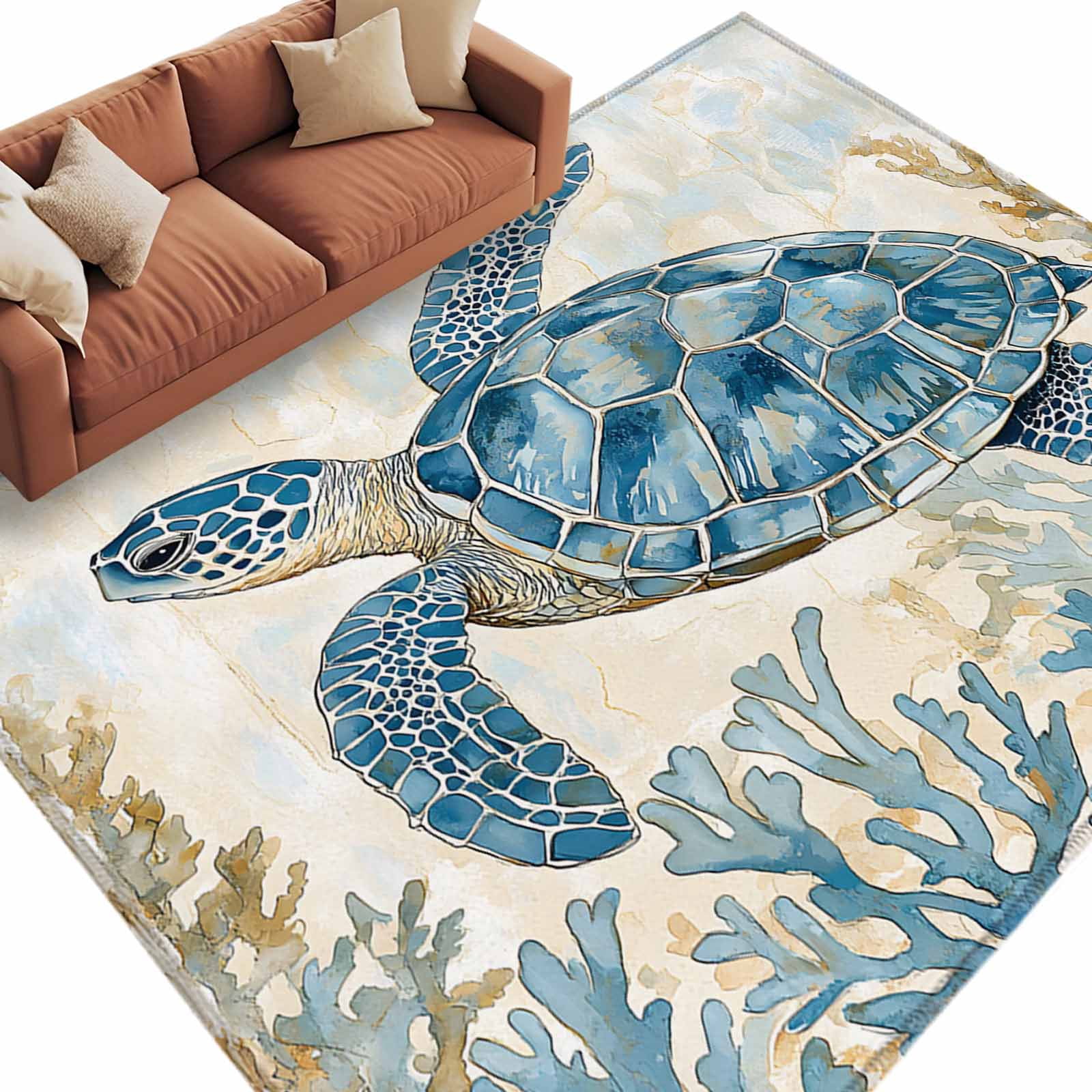 Area Rug 72×108in, Sea Turtle Ocean Coral Floor Carpet Living Room Rug ...