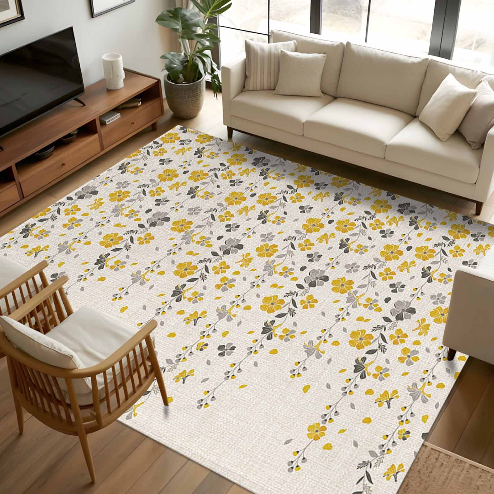 Area Rug 72×108in, Spring Flower Vines Retro Linen Floor Carpet Living ...