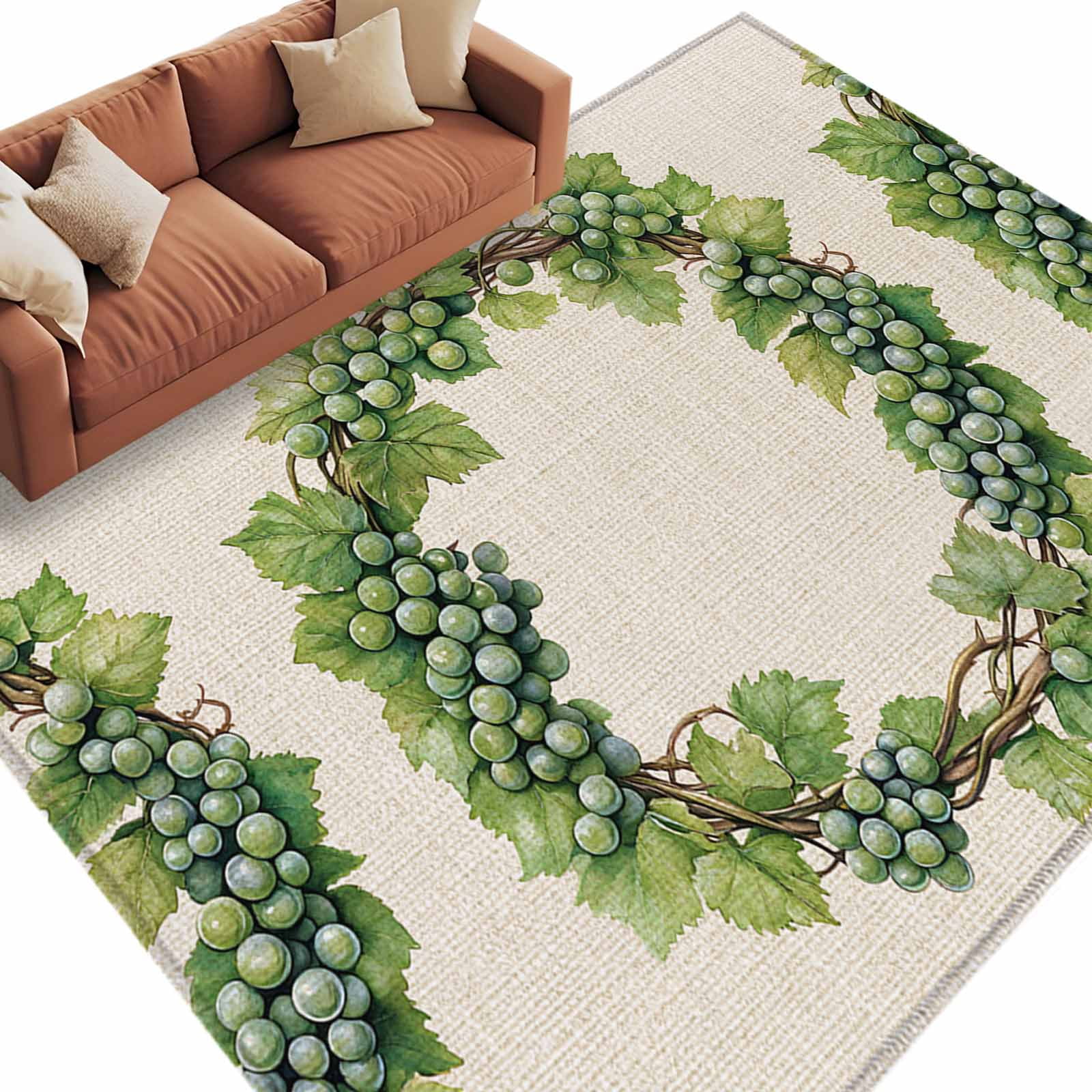 Area Rug 72×108in, Spring Green Grapes Vine on Beige Linen Floor Carpet ...