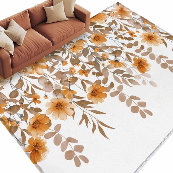 Area Rug 72×108in, Spring Orange Flowers Eucalyptus Leaves Floor Carpet ...