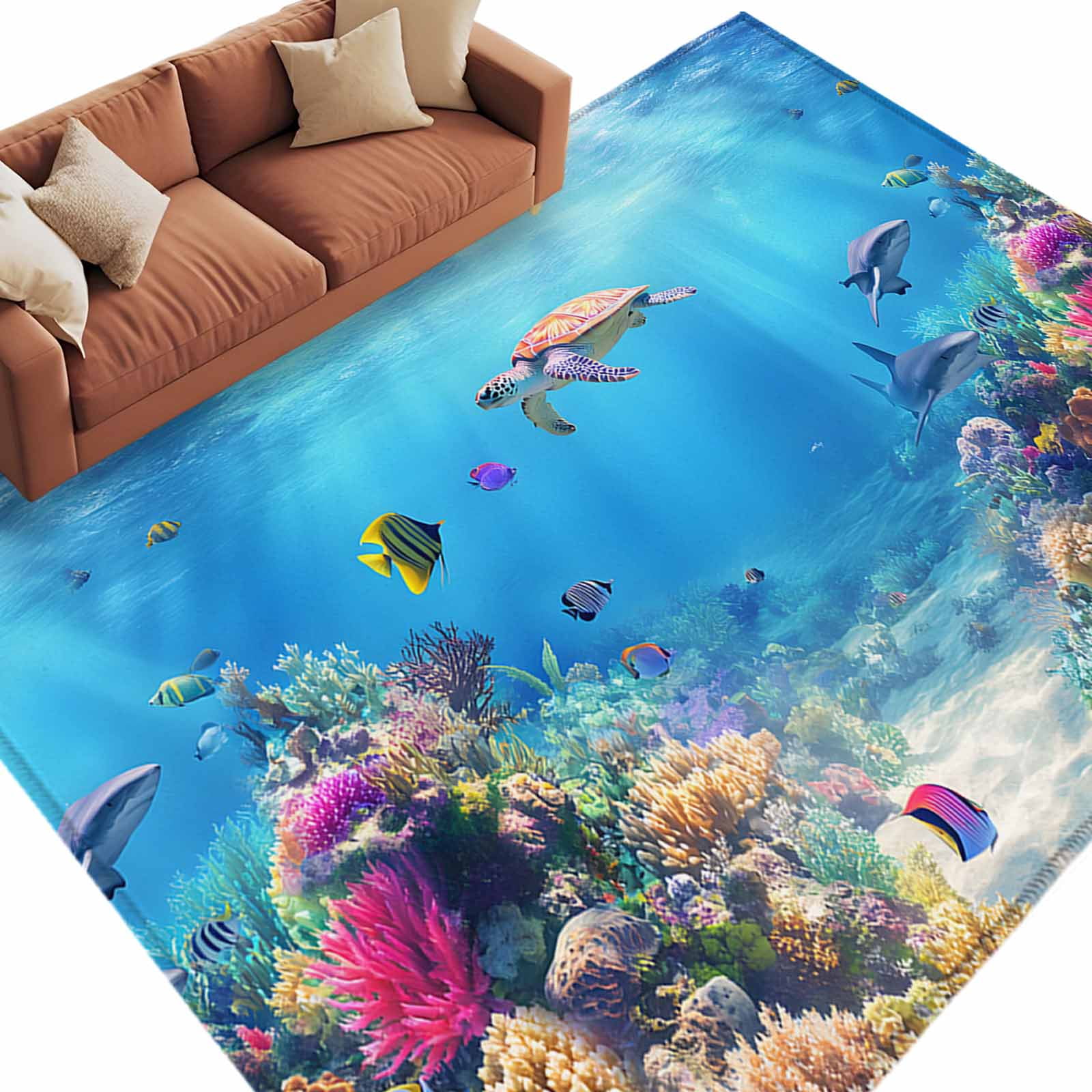 Area Rug 72×108in, Summer Blue Ocean Colorful Coral Floor Carpet Living ...