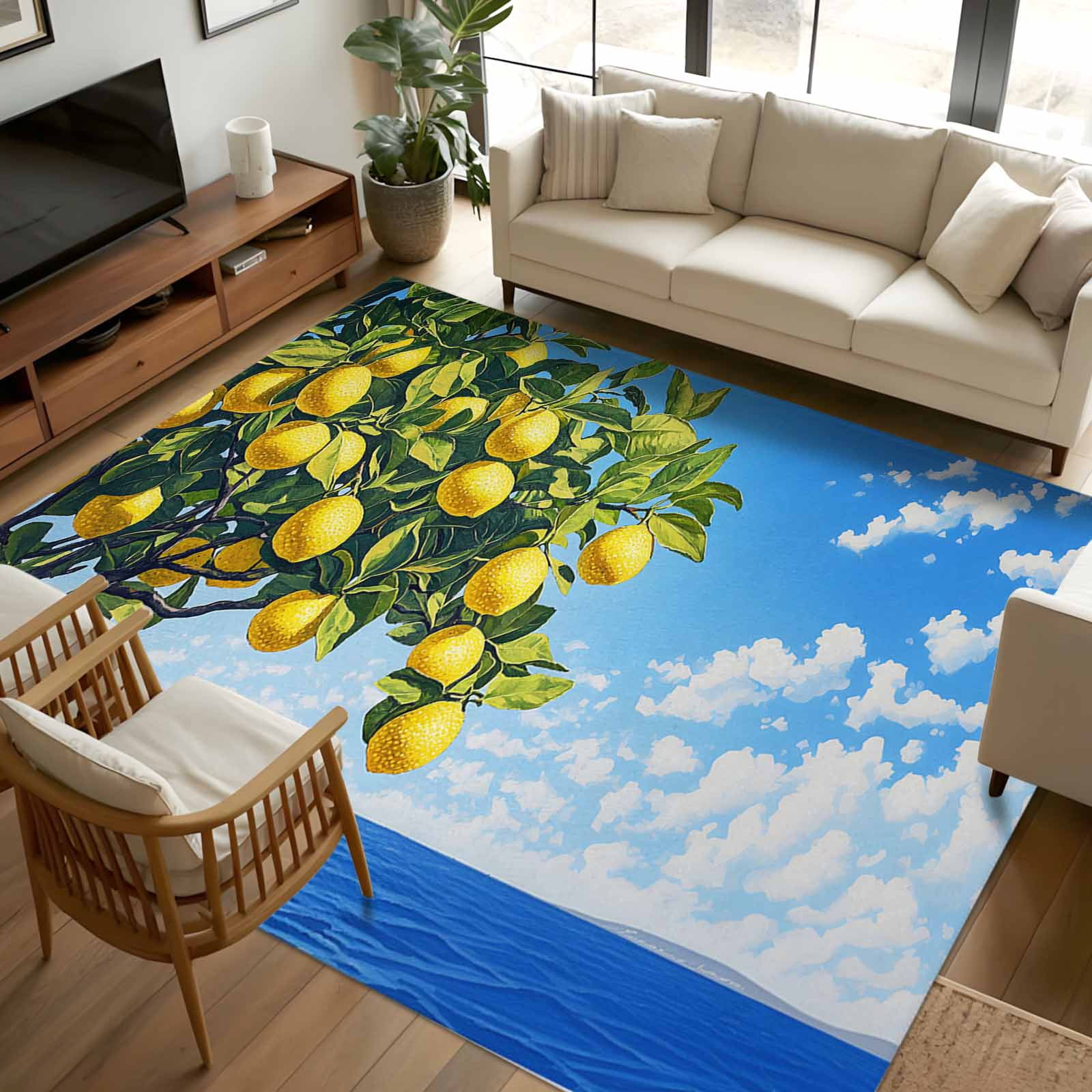 Area Rug 72×108in, Summer Lemon Green Leaves Watercolor Floor Carpet ...