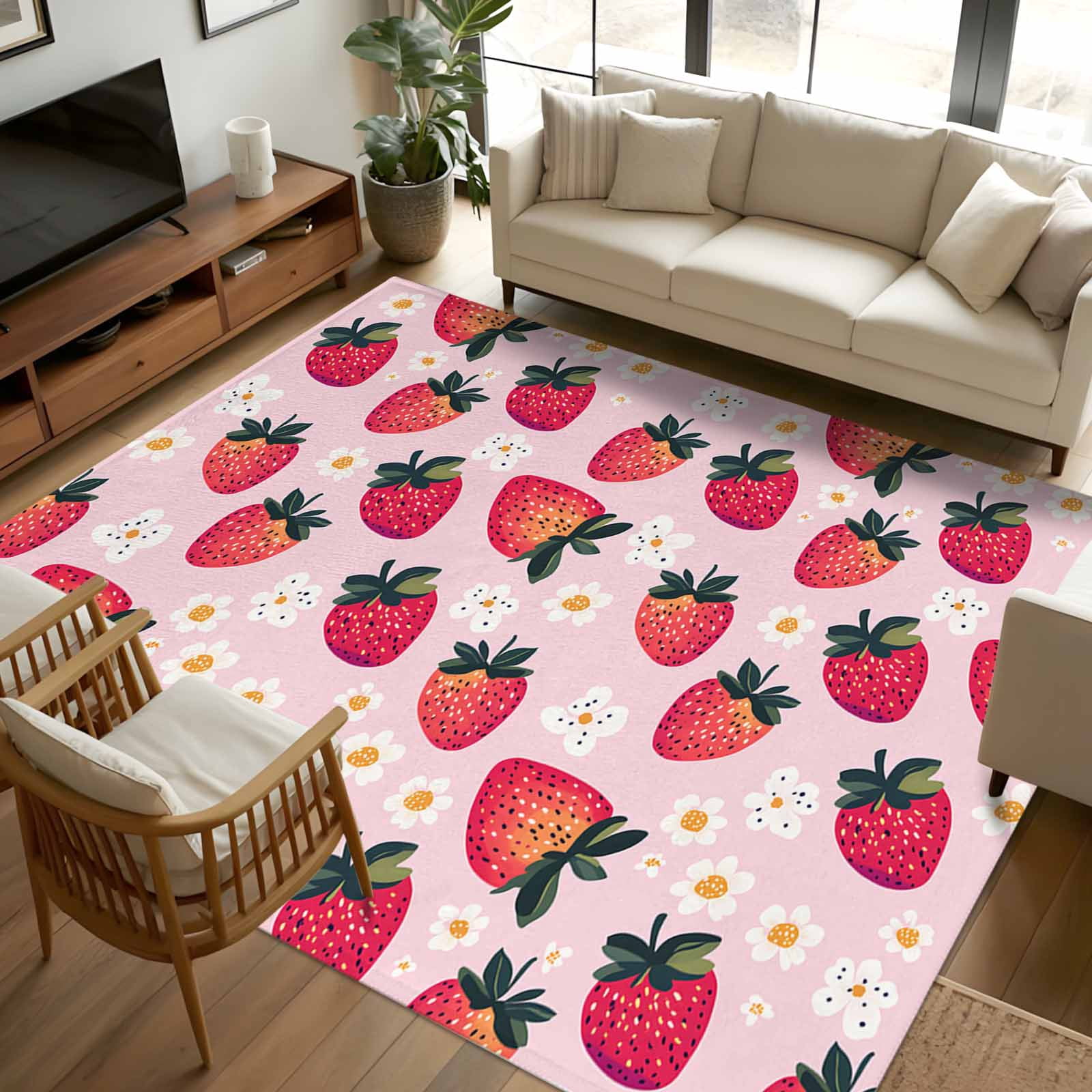Area Rug 72×108in, Summer Strawberry Flower on Pink Floor Carpet Living ...